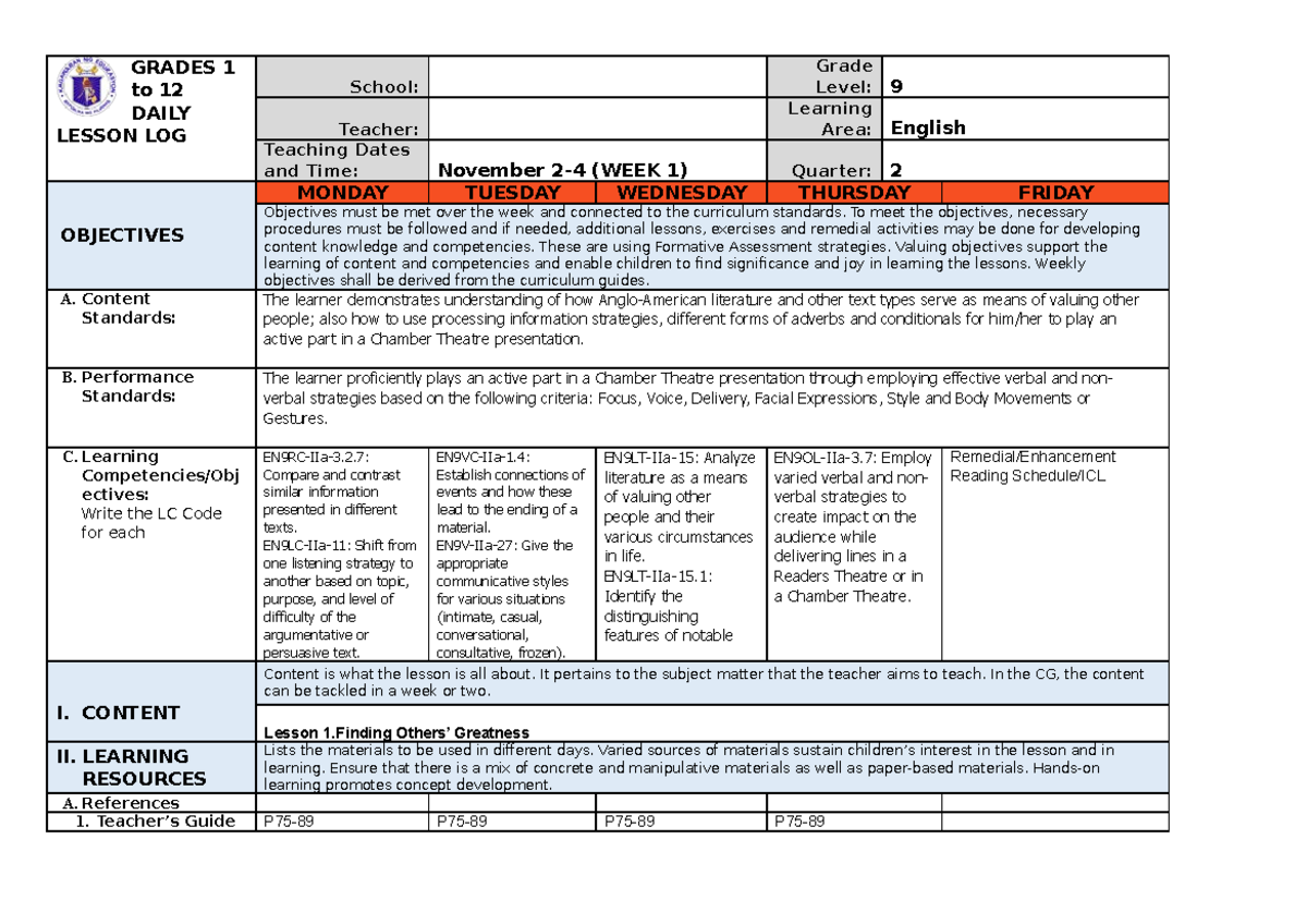 Dll9 word - english - GRADES 1 to 12 DAILY LESSON LOG School: Grade ...