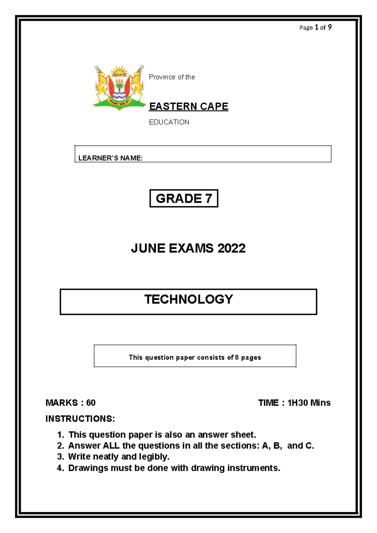 Technology Grade 7 June Exams Question Paper 2022 - Province of the ...