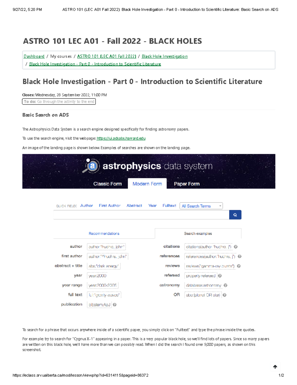 ASTRO 101 (LEC A01 Fall 2022) Black Hole Investigation - Part 0 ...