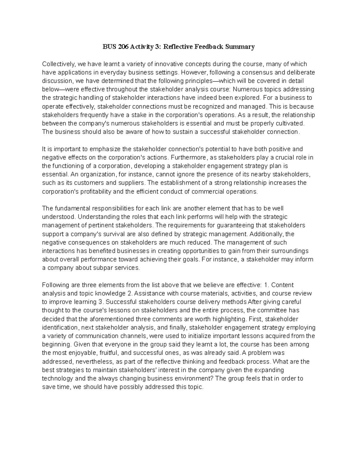 BUS 206 Activity 3 Reflective Feedback Summary - BUS 206 Activity 3 ...