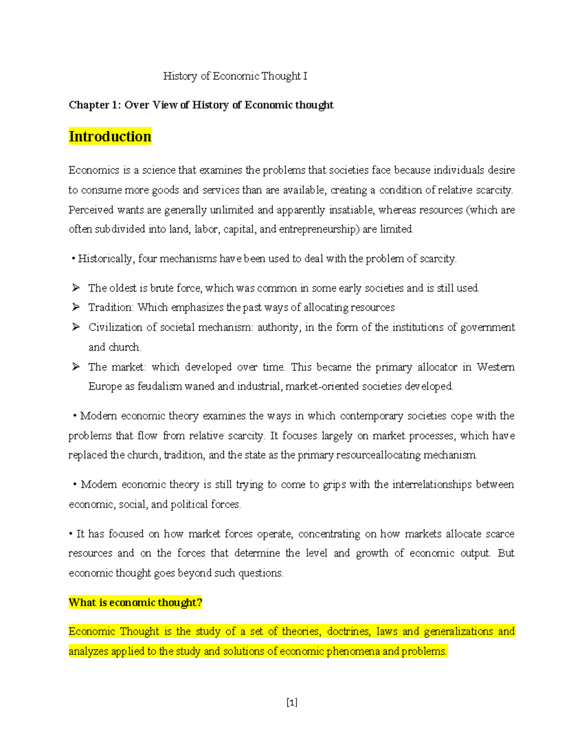 Econ Thought I (ch. 1) - History of Economic Thought I Chapter 1: Over ...