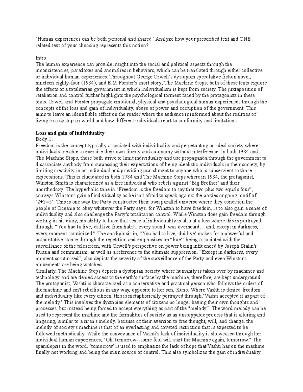1984 integrated essay - ‘Human experiences can be both personal and ...