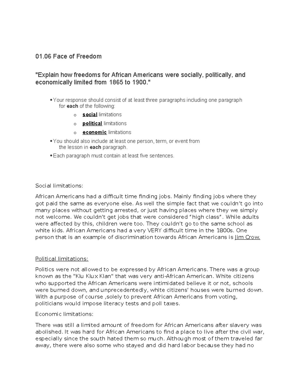 1.06 - 01 Face of Freedom "Explain how freedoms for African Americans ...