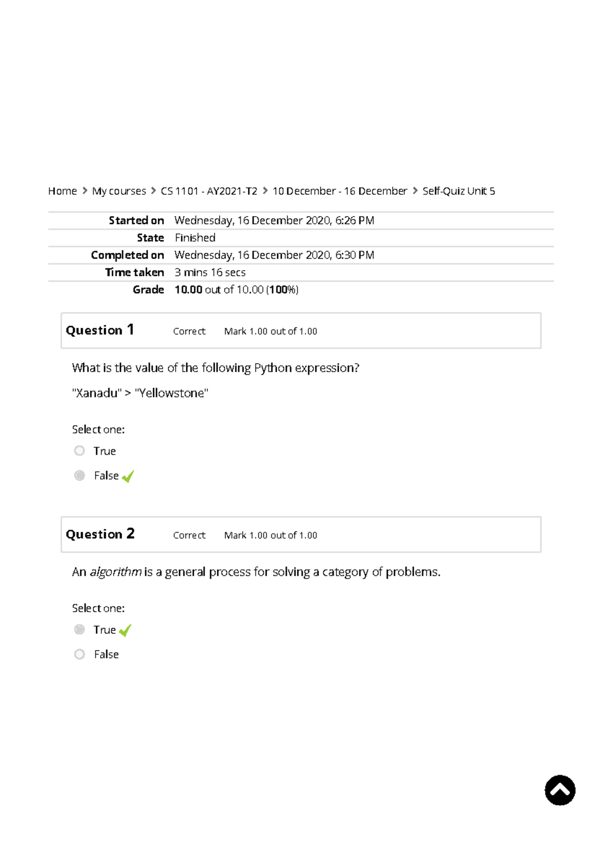 Self-Quiz Unit 5 Attempt review 0 - Started on Wednesday, 16 December 2020, 6:26 PM State ...