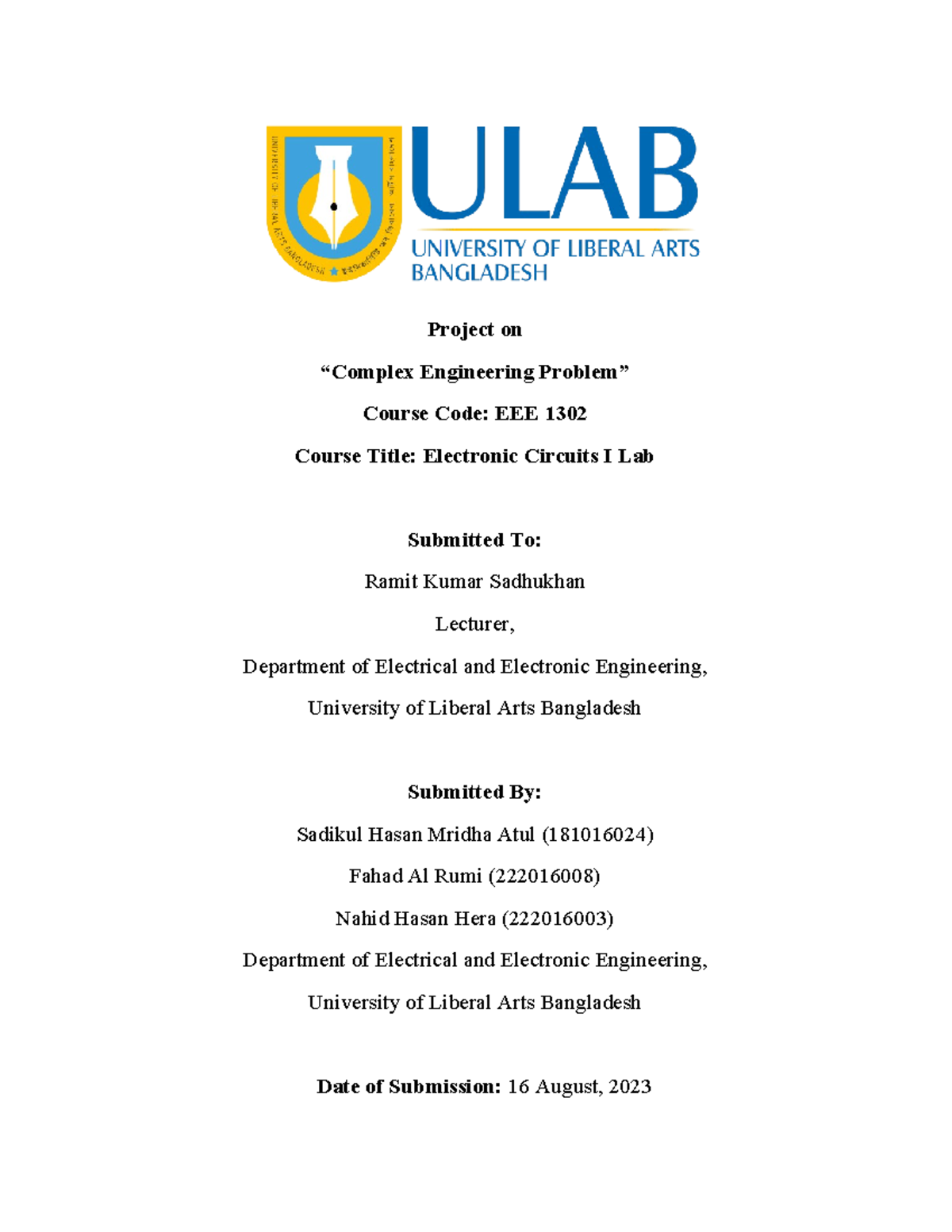 Project on Complex Engineering Problem EEE1302 - Project on “Complex Engineering Problem” Course ...