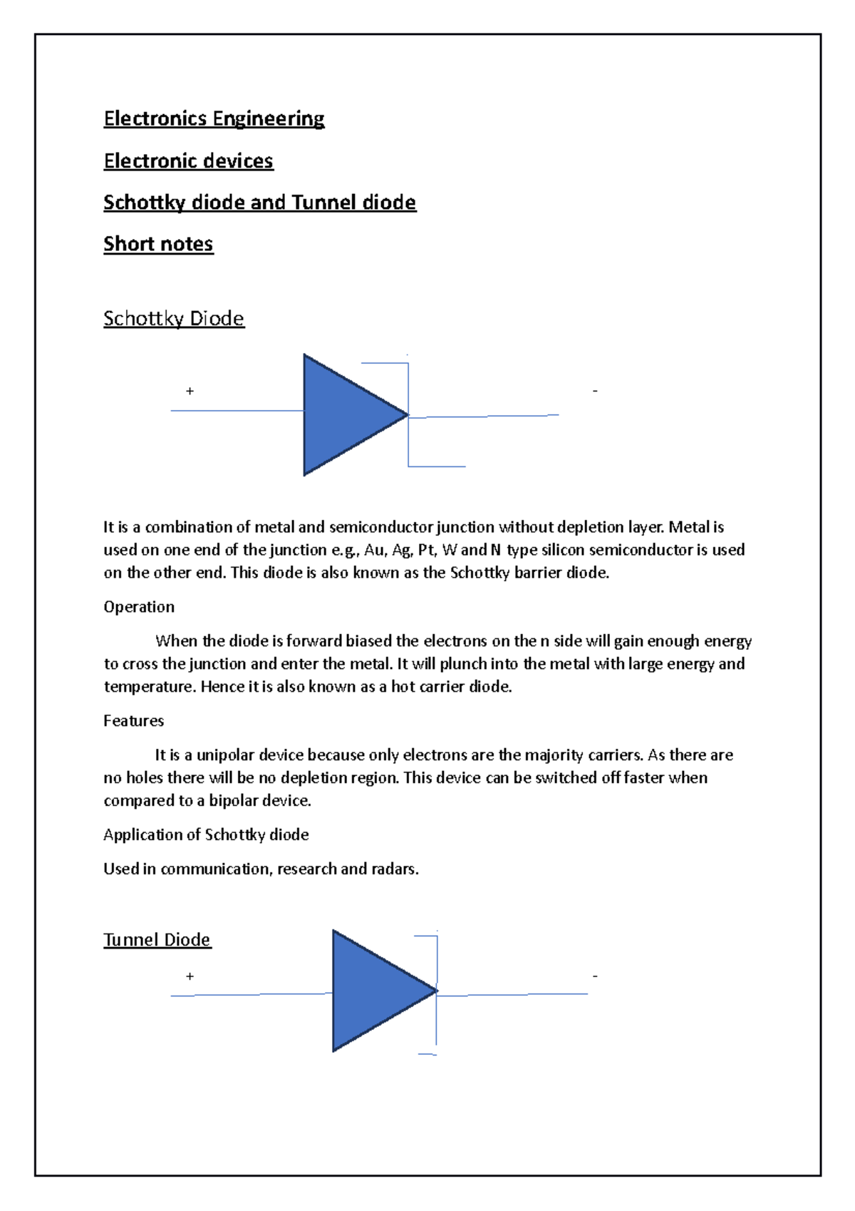 Schottky diode and Tunnel diode - Electronics Engineering Electronic devices Schottky diode and ...