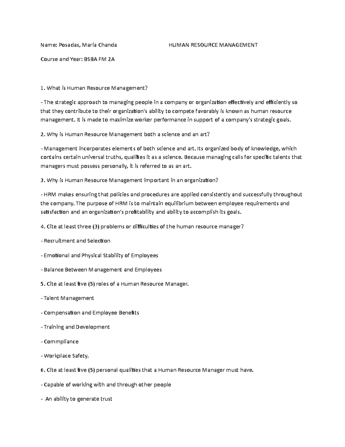 Assignment Human Resource Management - Name: Posadas, Maria Chanda ...