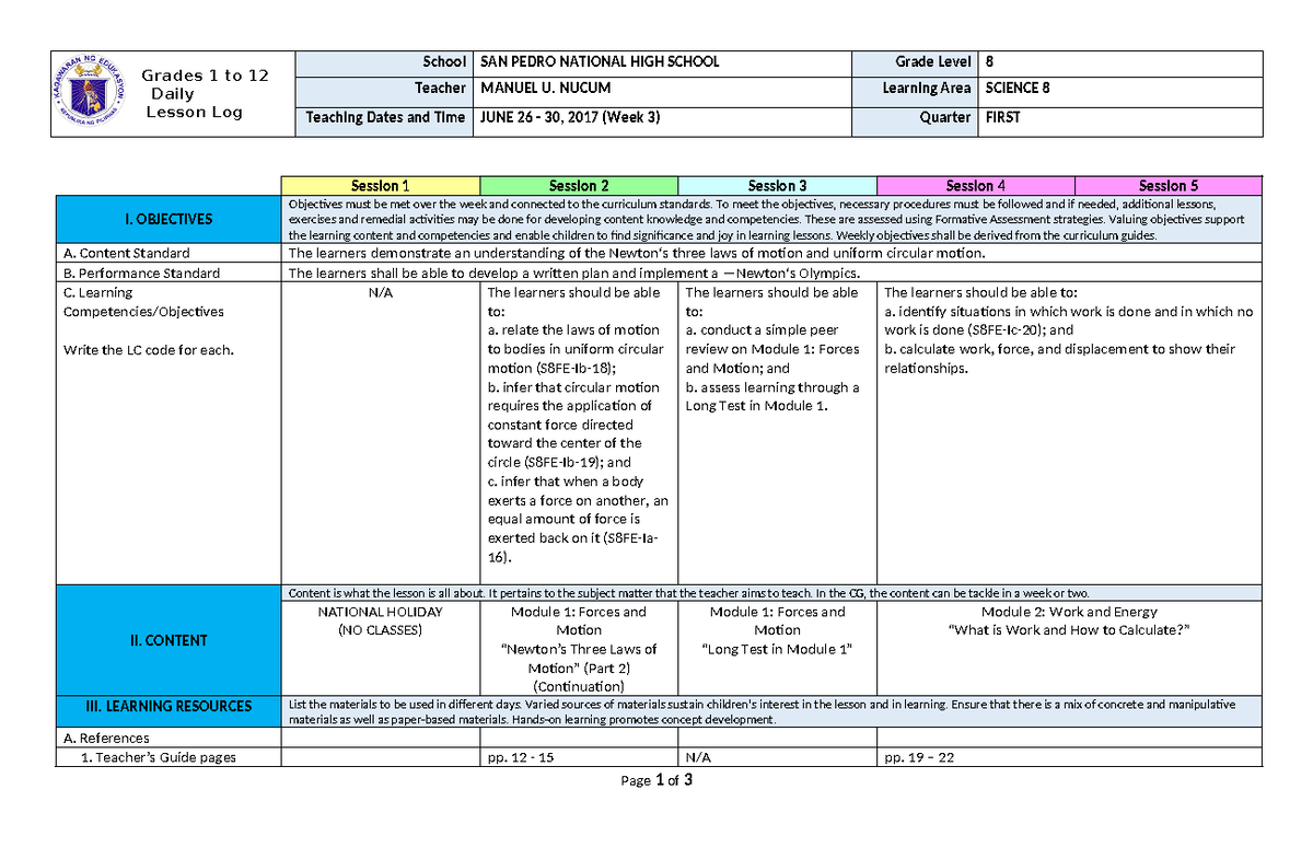 Grade-8- Science-DLL - WEEK 4 - Forces - Grades 1 to 12 Daily Lesson ...