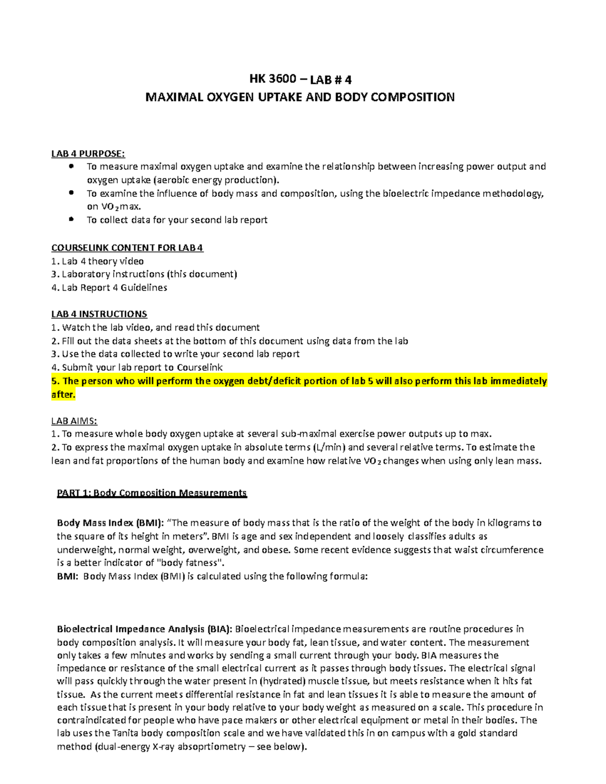 Lab4Manual - Lab 4 Manual - HK 3600 – LAB # 4 MAXIMAL OXYGEN UPTAKE AND ...