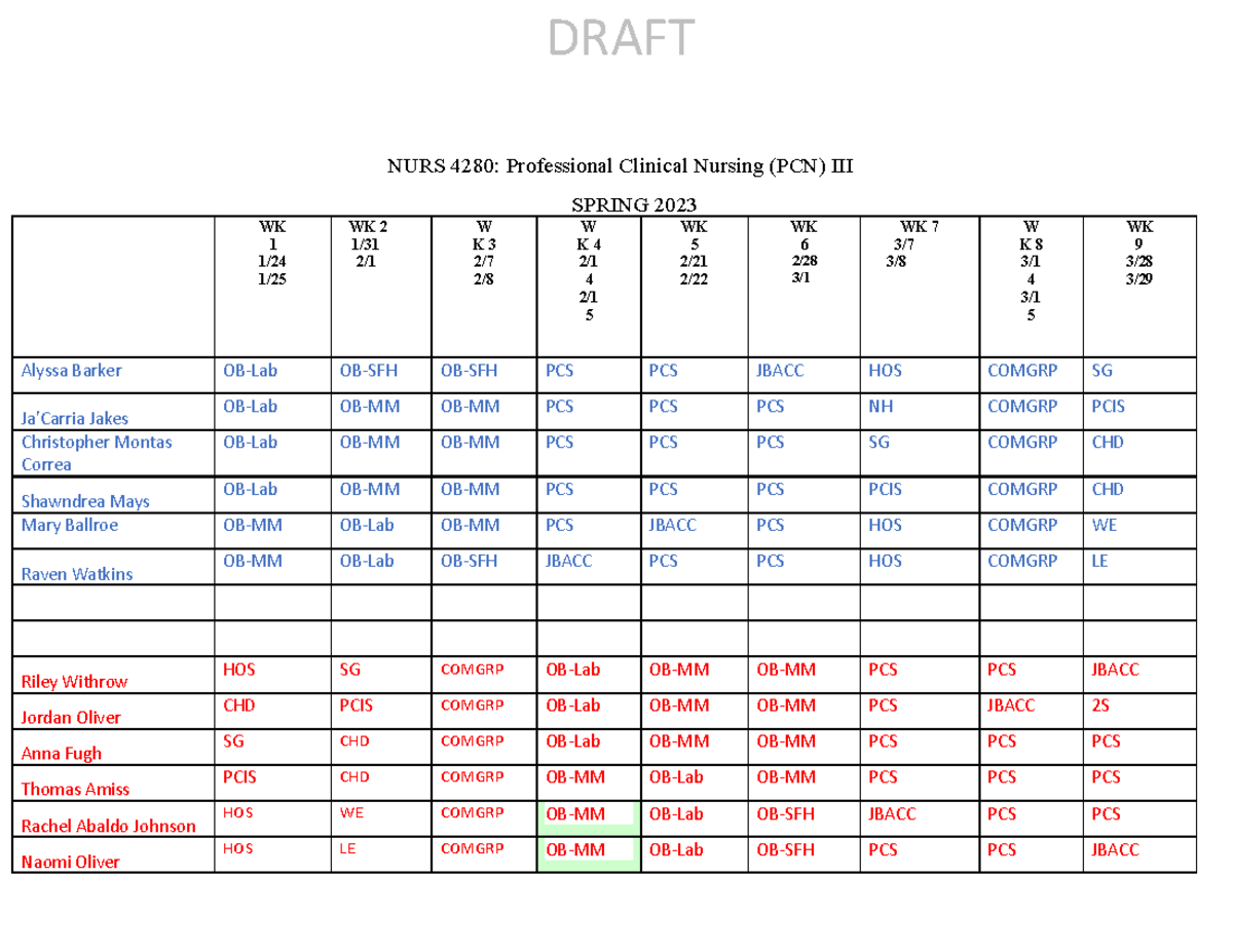 NURS4280 Clinical schedule Spring 2023 Updated - NURS 4280 ...