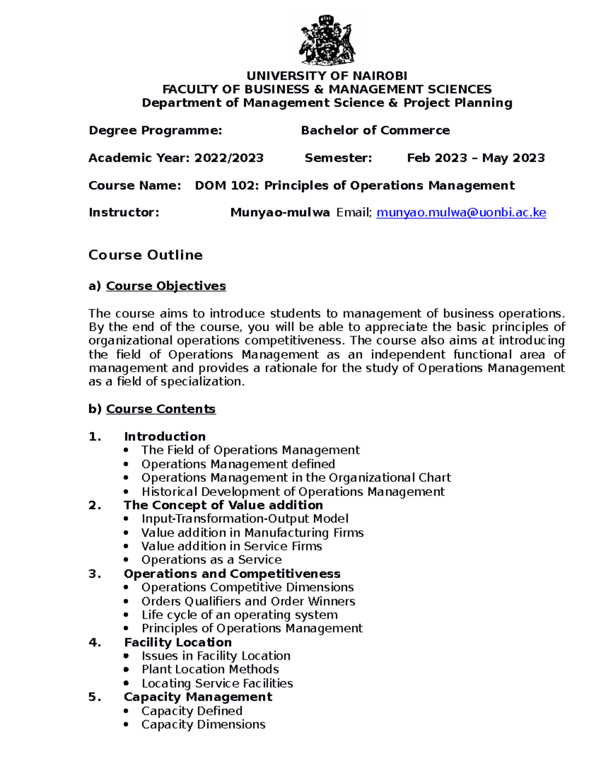 DOM 102 Course Outline - UNIVERSITY OF NAIROBI FACULTY OF BUSINESS & MANAGEMENT SCIENCES - Studocu