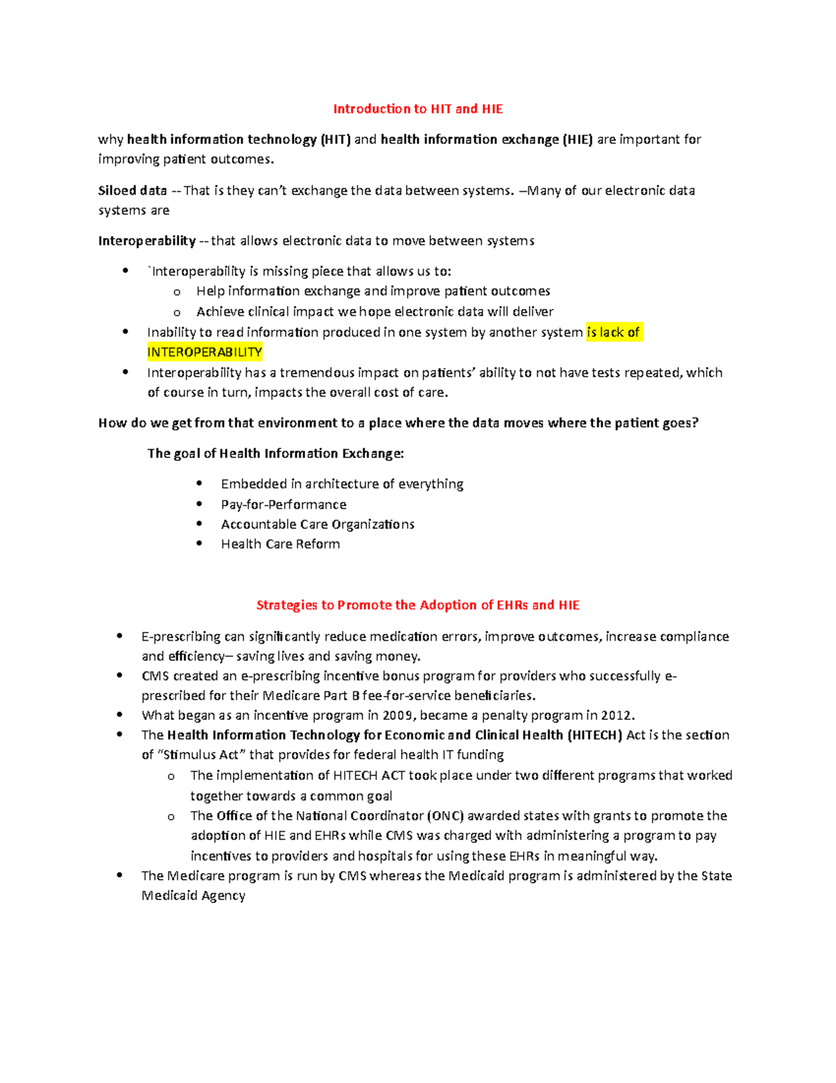 Intro to HIT and HIE - Summarize notes from lecture and PowerPoint ...