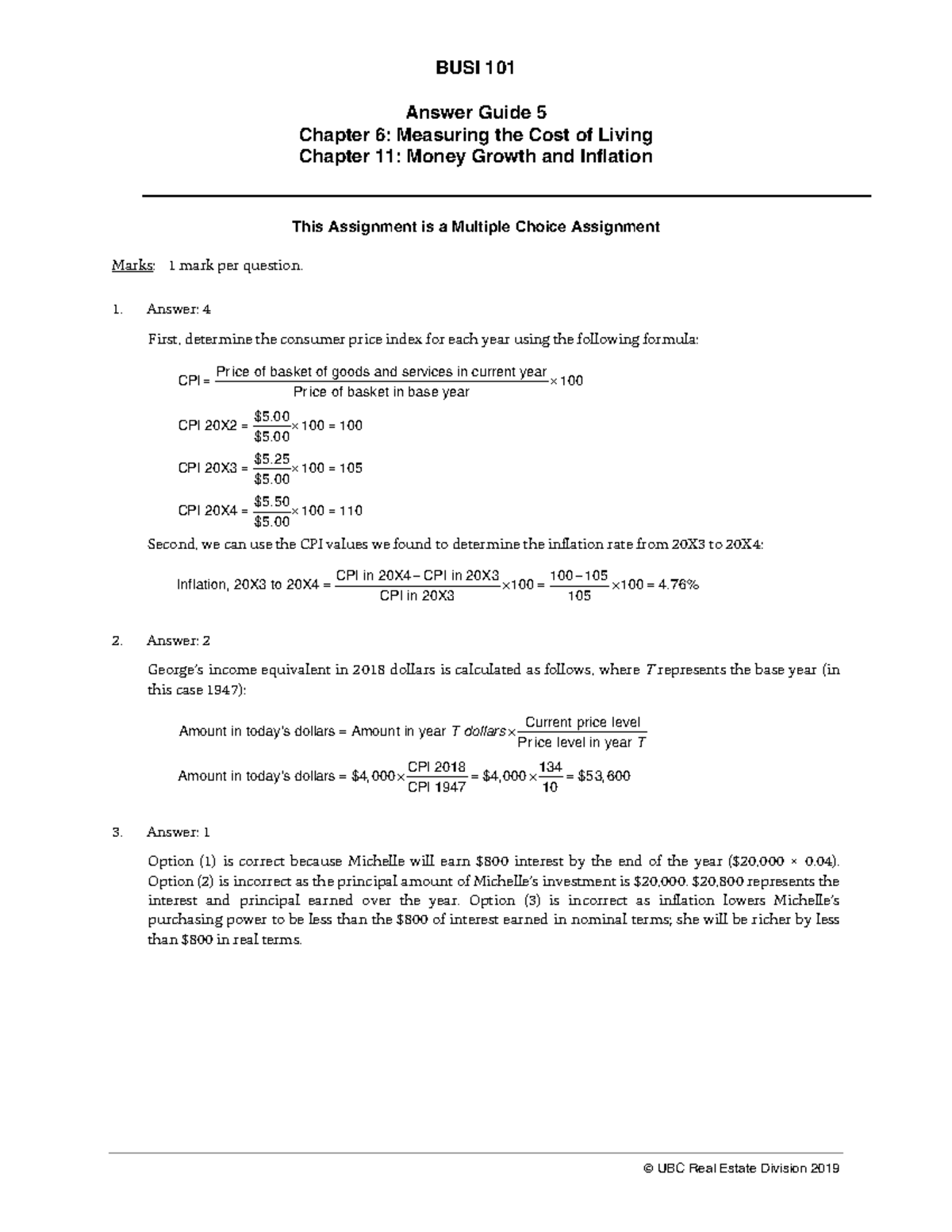 BUSI101 Assignment 5 Answer Guide - BUSI 101 Answer Guide 5 Chapter 6: Measuring the Cost of ...