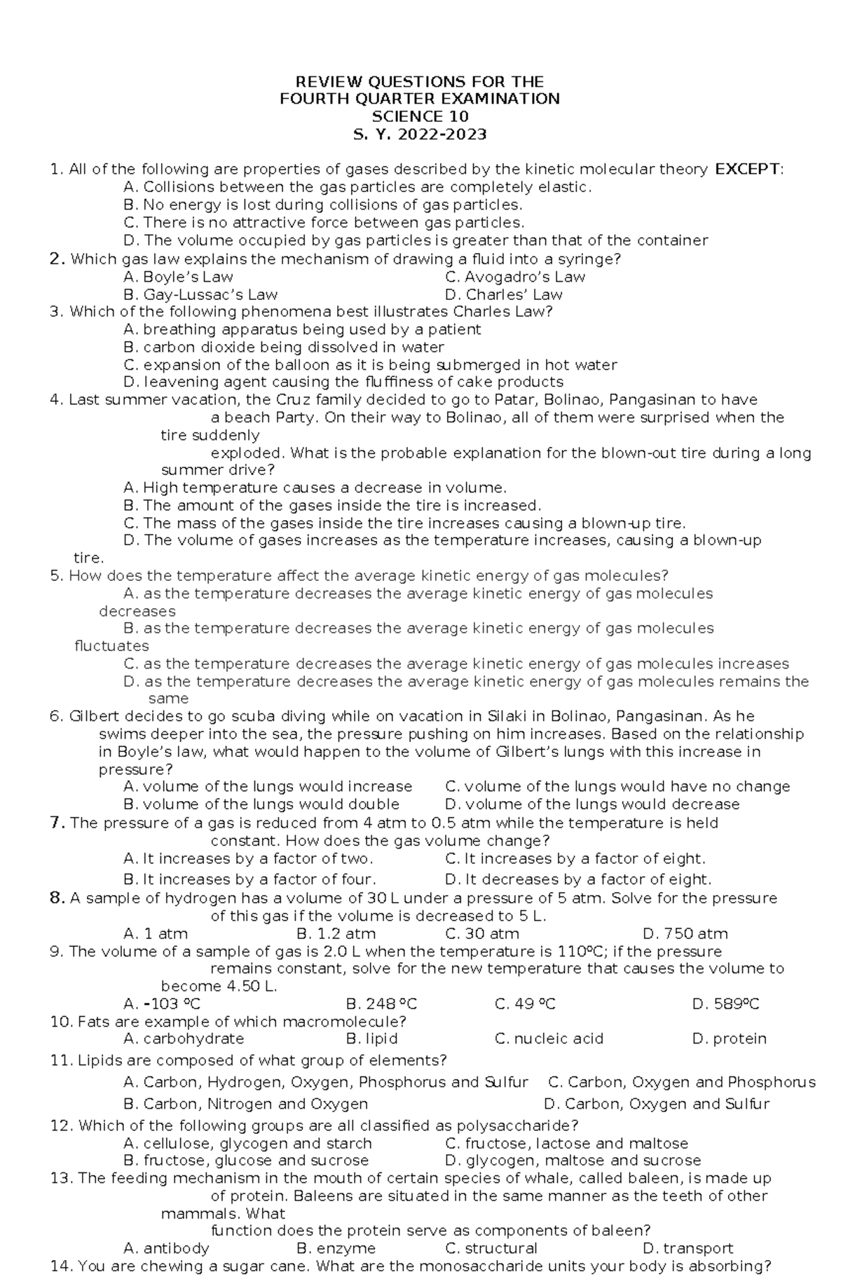 Final TQ Sci 10 Review Questions - REVIEW QUESTIONS FOR THE FOURTH ...
