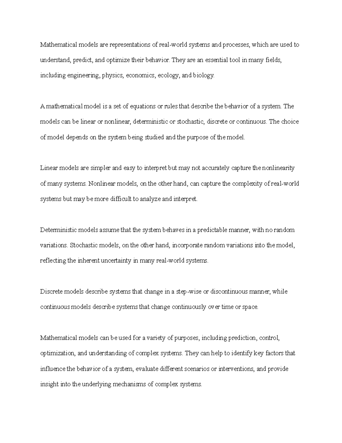 MAT-171 Mathematical Models - Mathematical models are representations ...