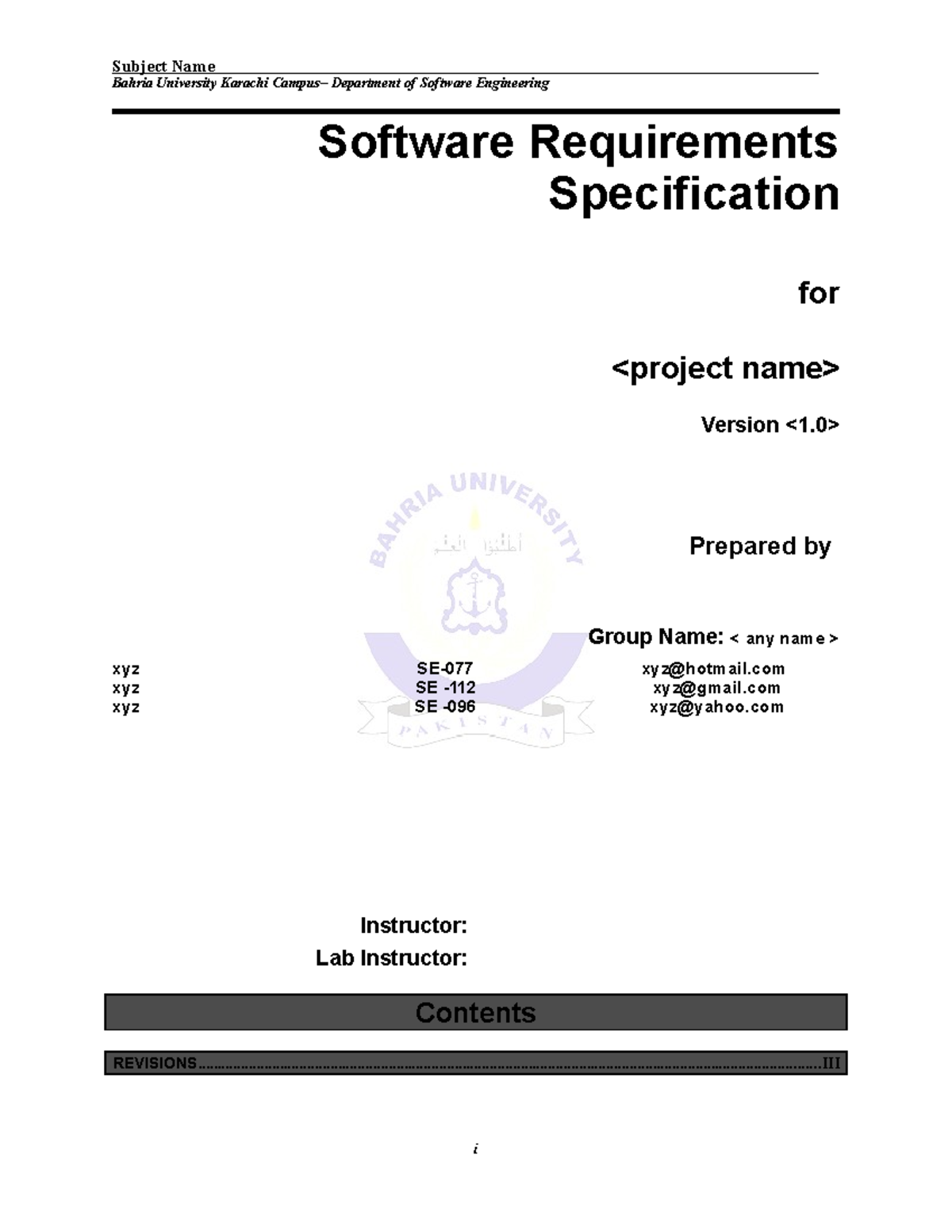 SRS Format - SRS Work - Subject Name Bahria University Karachi Campus ...