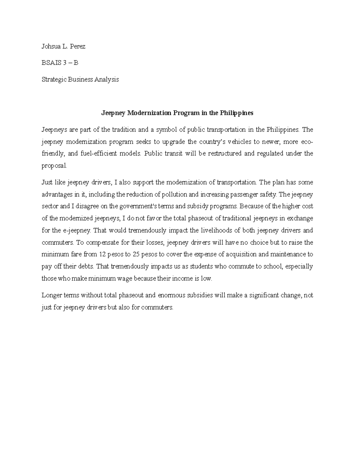 Jeepney modernization - Johsua L. Perez BSAIS 3 – B Strategic Business ...