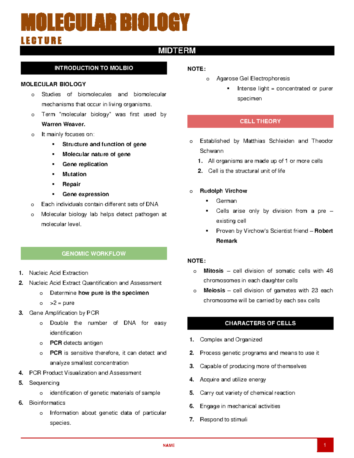 Molbio Lecture Lesson 1 - MOLECULAR BIOLOGY L E C T U R E MIDTERM ...
