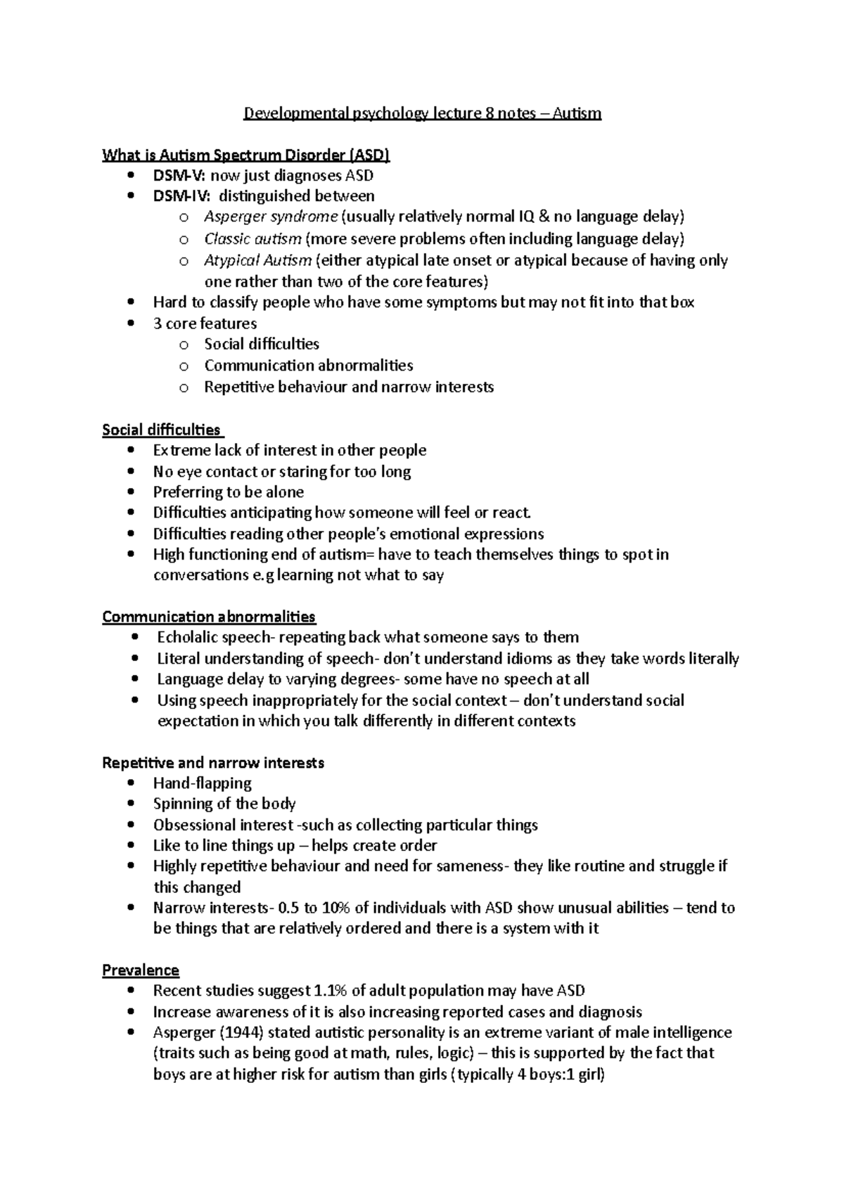 Autism lecture notes - Developmental psychology lecture 8 notes ...
