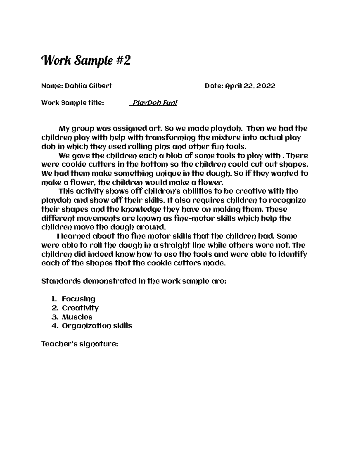 Ariana Gilbert - Work sample #2 - Wor Sampl Name: Dahlia Gilbert Date ...