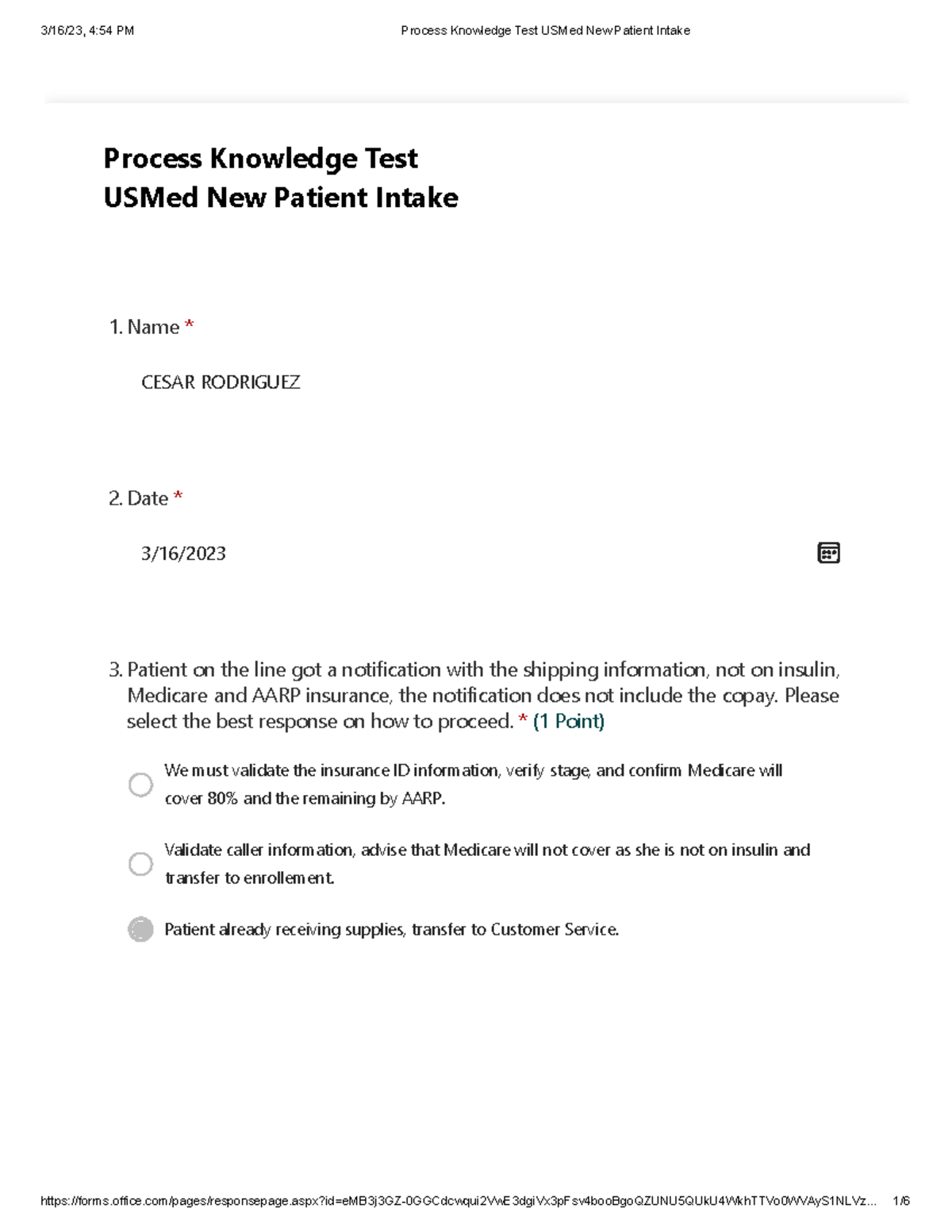 Process Knowledge Test USMed New Patient Intake - Name * CESAR ...