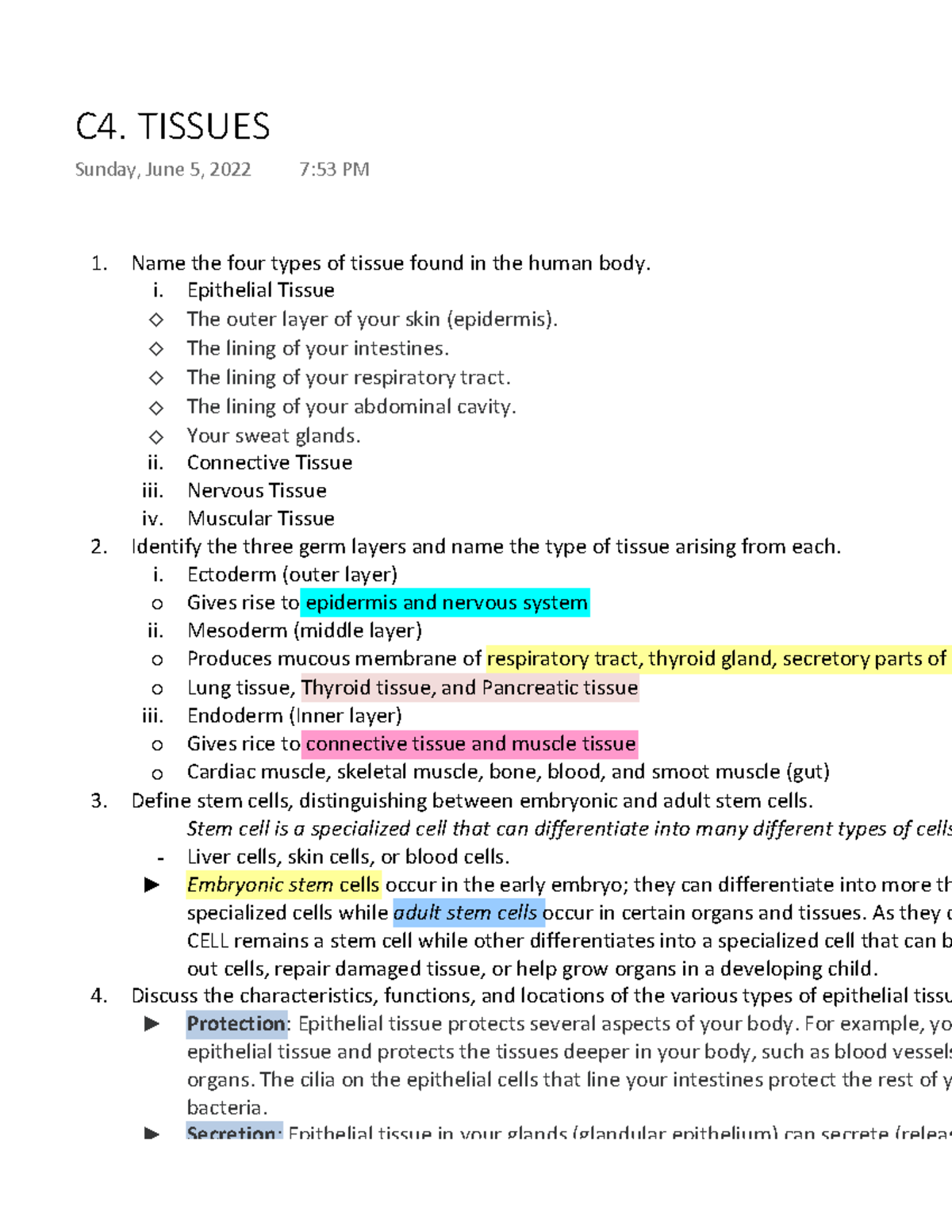 C4. Tissues - Name the four types of tissue found in the human body. i ...