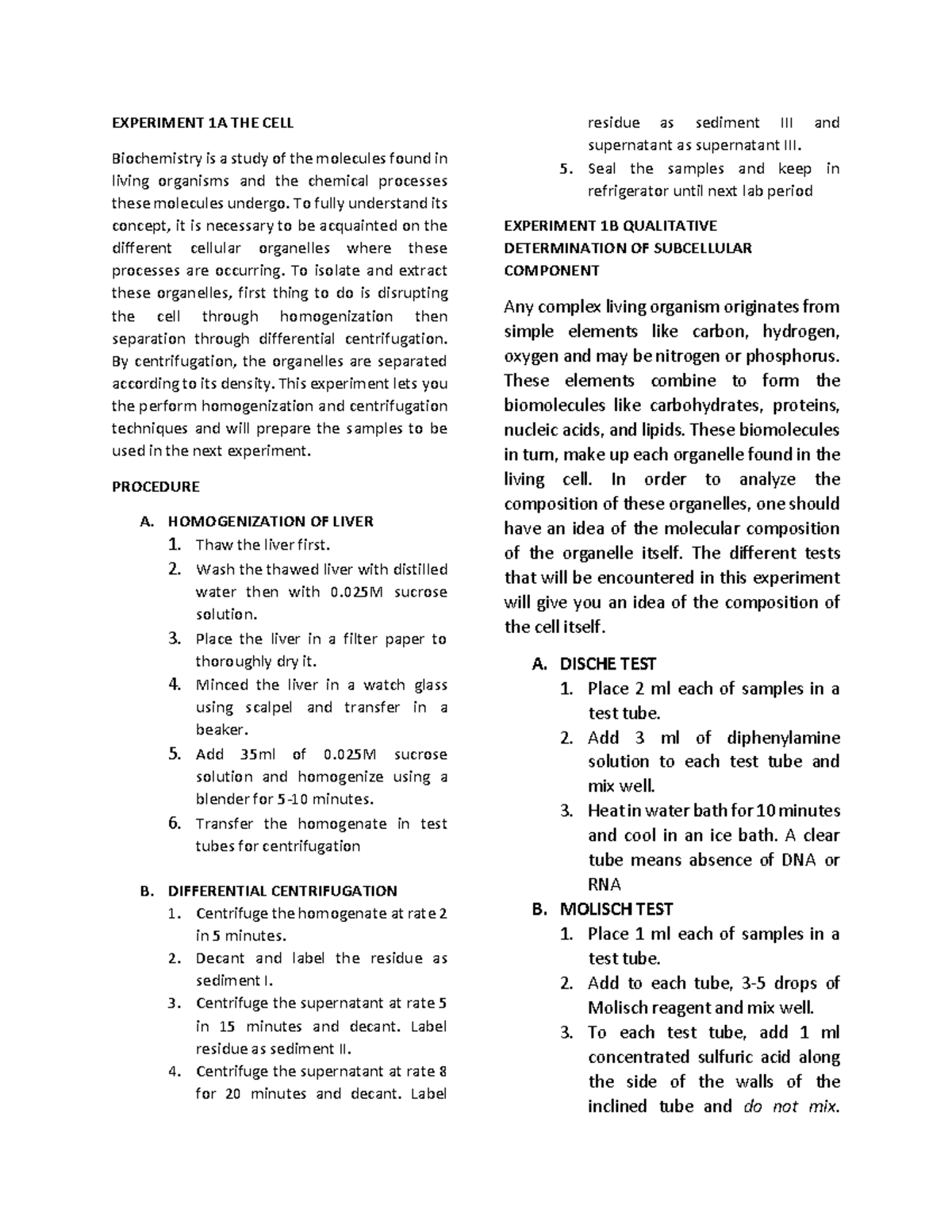 Bio Chem Lab - Biochem for 2nd year - EXPERIMENT 1A THE CELL ...