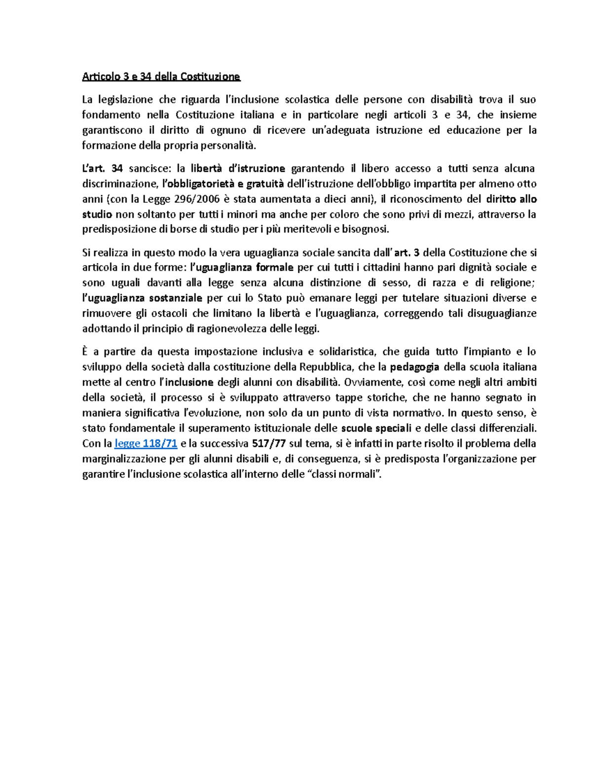 Descrizione degli articoli 3 e 34 della Costituzione italiana in ambito ...