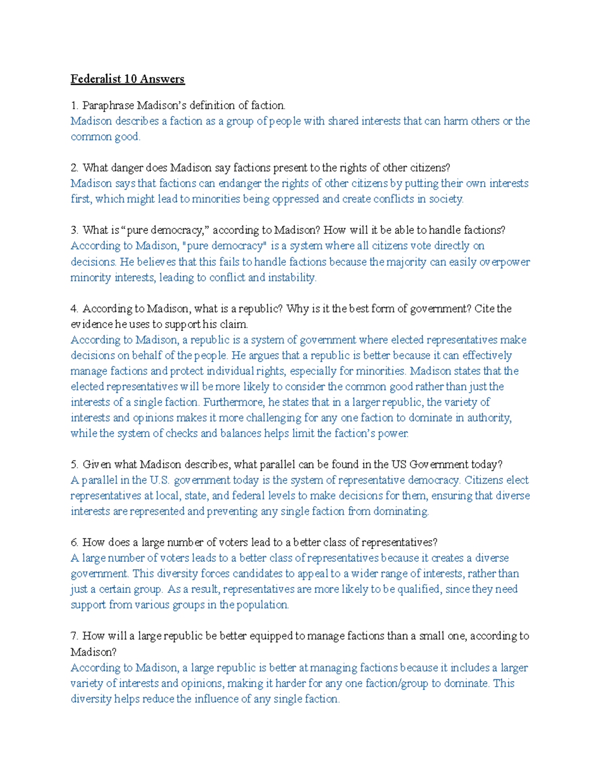 Federalist 10 - Federalist 10 Answers 1. Paraphrase Madison’s ...