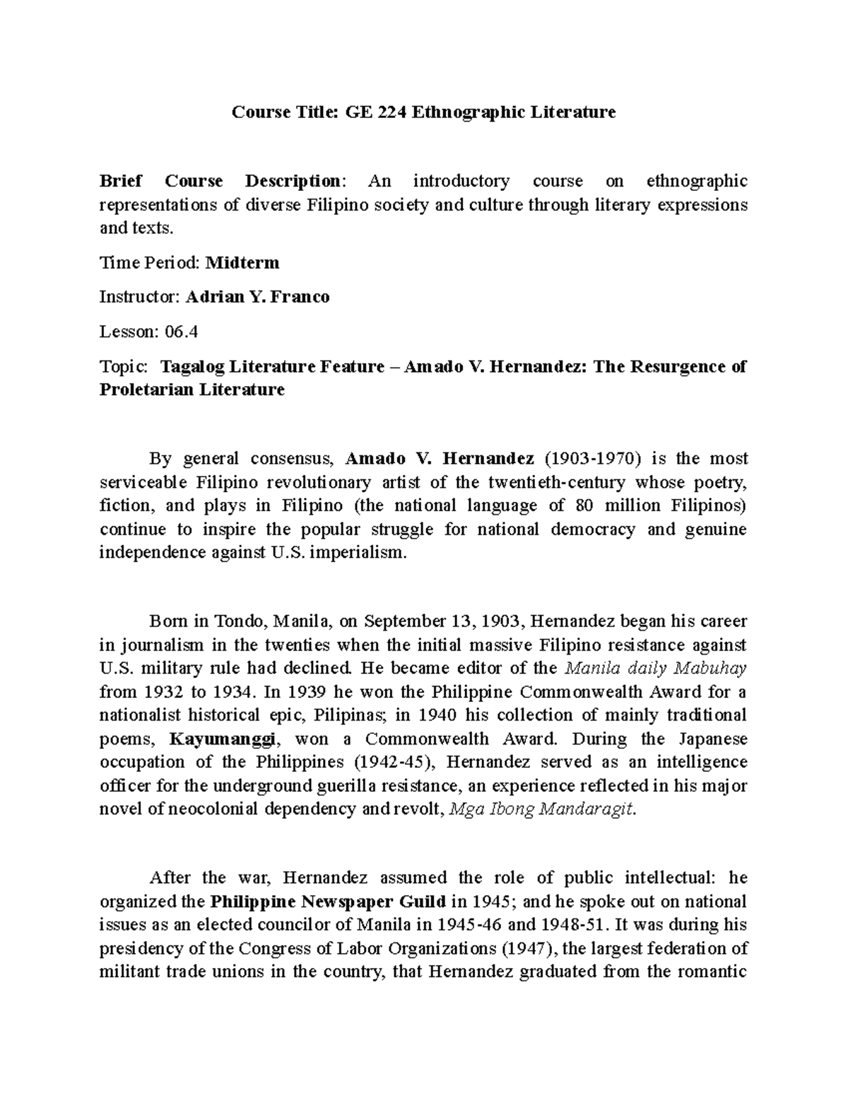 06.4 Tagalog Literature Feature - Amado V. Hernandez 03 17 21 - Course ...
