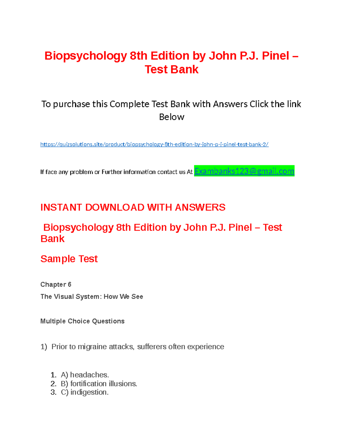 Biopsychology 8th Edition by John P.J - Pinel – Test Bank To purchase ...
