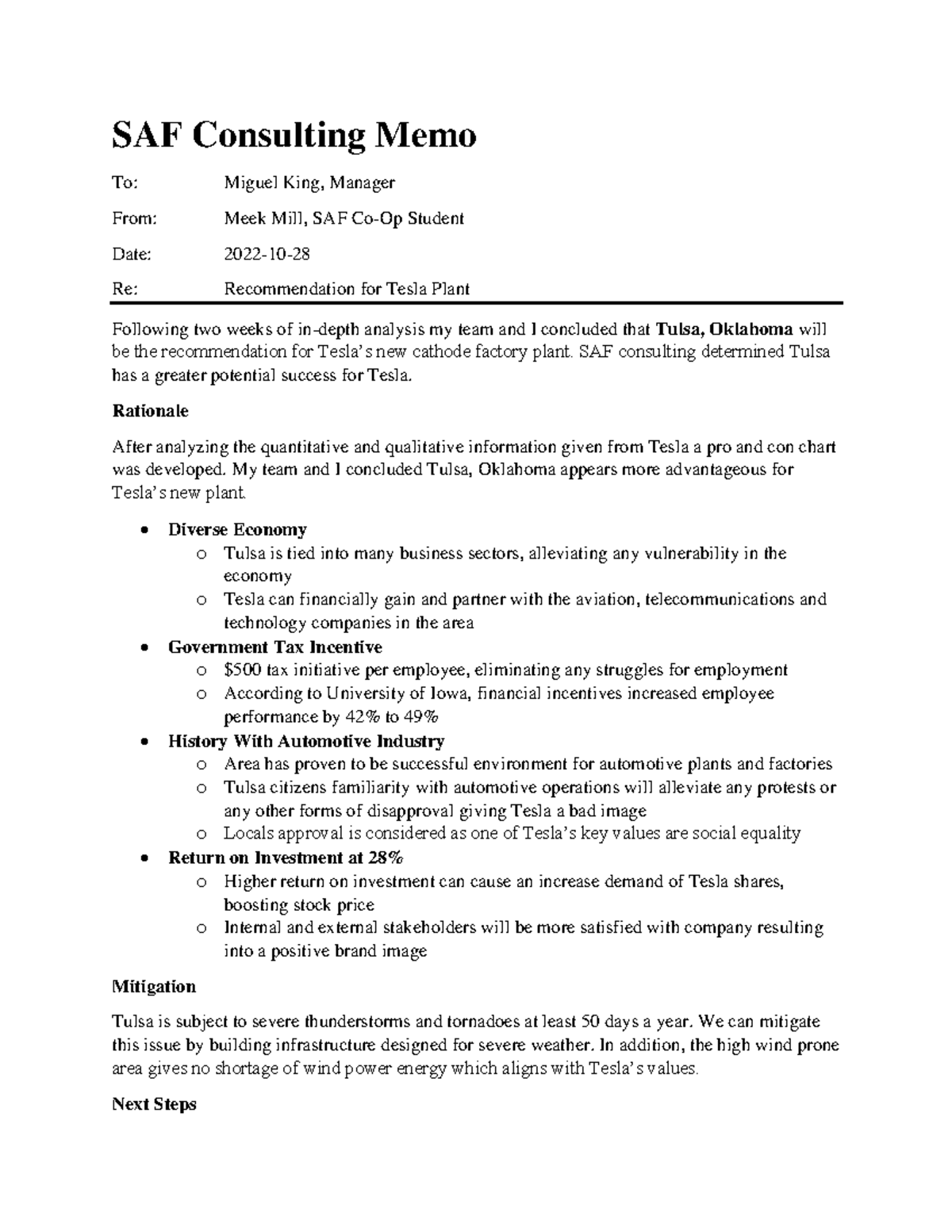 Memo Edited 1 - MEMO - SAF Consulting Memo To: Miguel King, Manager ...