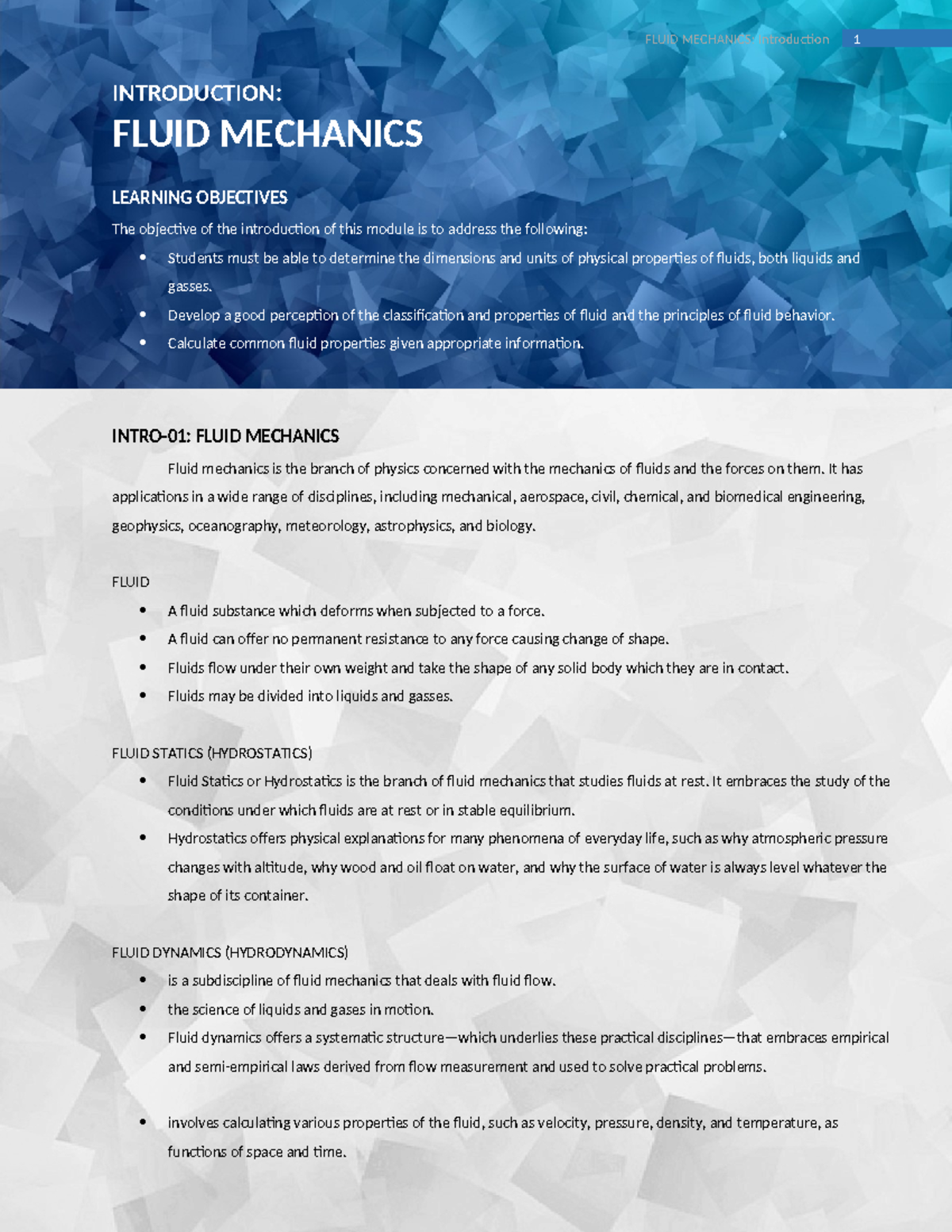 Fluid Mechanics CHAP00 - Intro - INTRODUCTION: FLUID MECHANICS LEARNING OBJECTIVES The objective ...