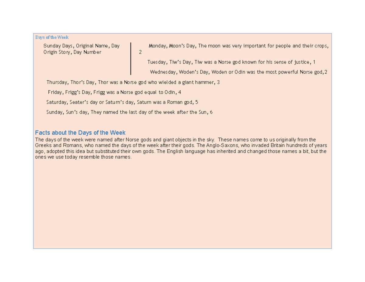Days of the week - Days of the week - Days of the Week Sunday Days ...