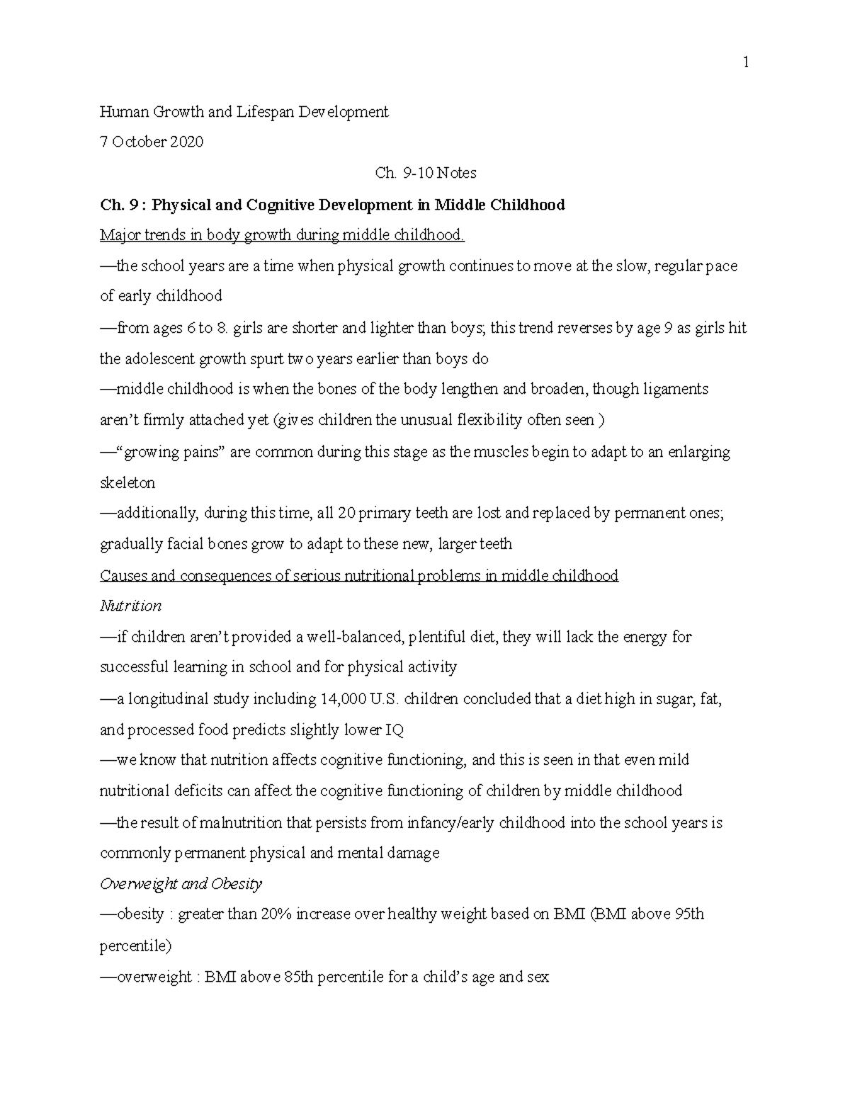 Ch. 9-10 - Summary of chapters 9-10 - Human Growth and Lifespan ...