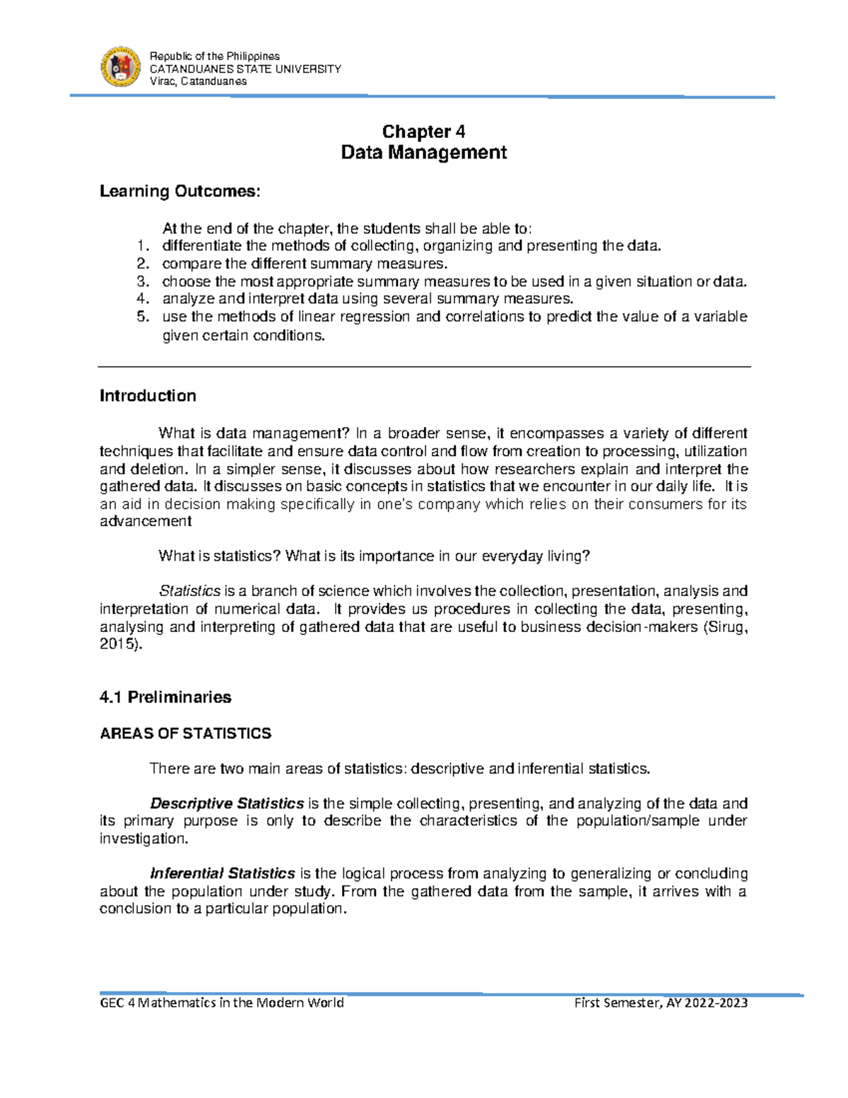 GEC 4 Chapter 4 Data Management - CATANDUANES STATE UNIVERSITY Virac, Catanduanes Chapter 4 Data ...