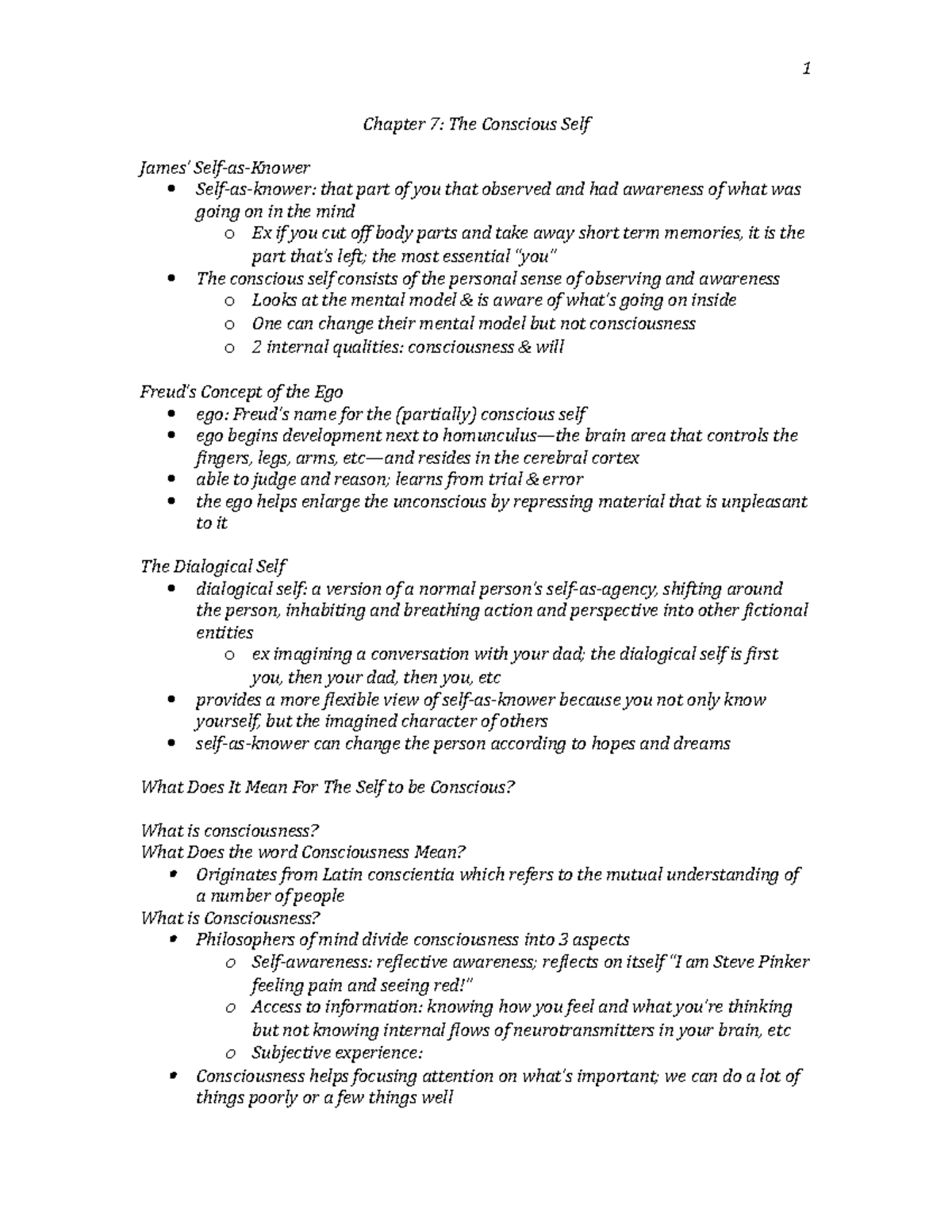 Chapter 7 book notes - 1 Chapter 7: The Conscious Self that part of you ...