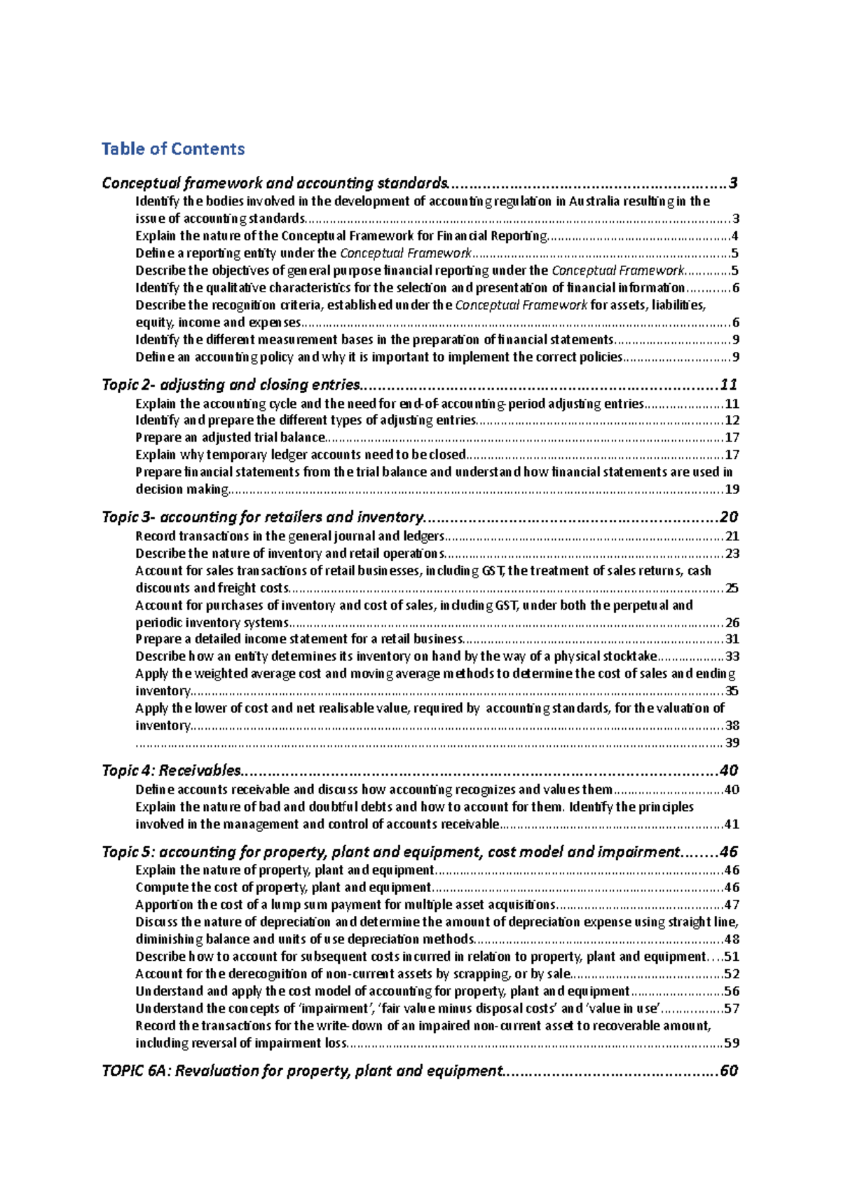 Topic 1 conceptual framewok and accounting standards - Table of ...