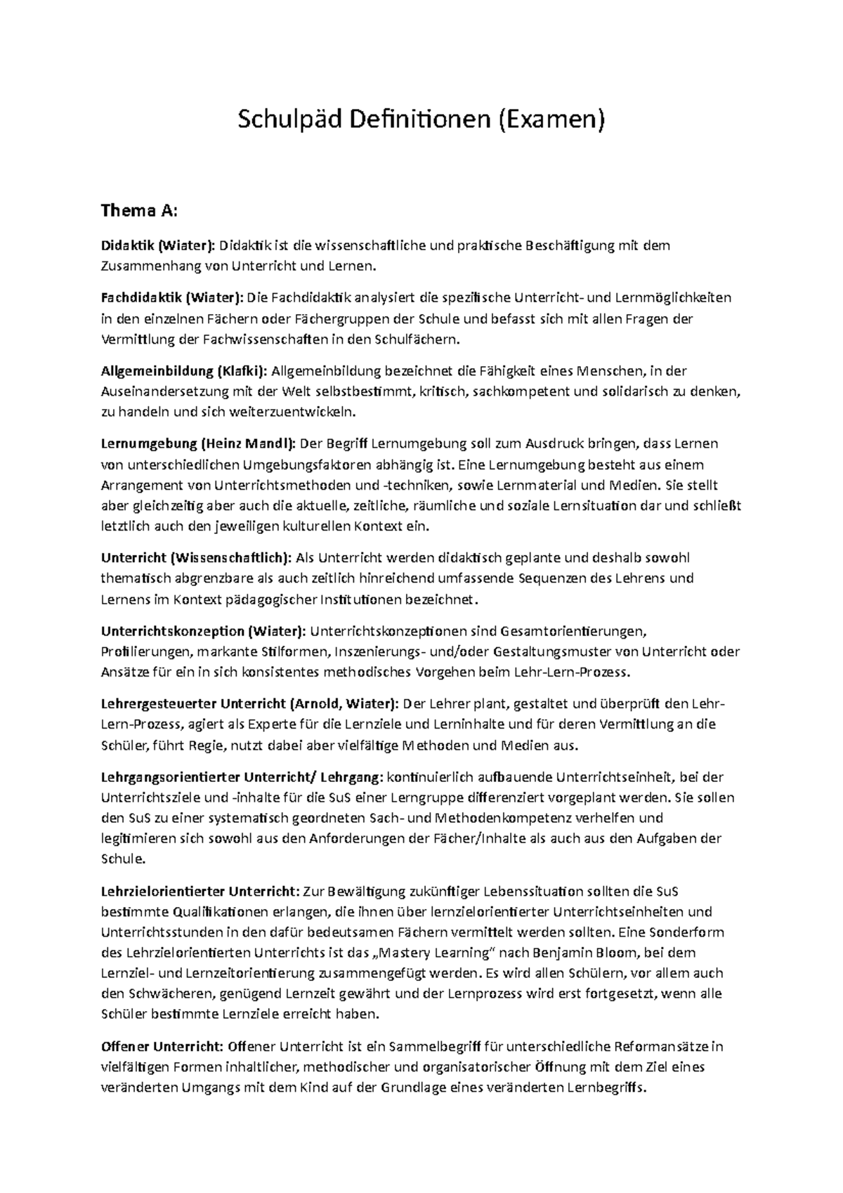 Definitionen Schulpäd - Schulpäd Definitionen (Examen) Thema A ...