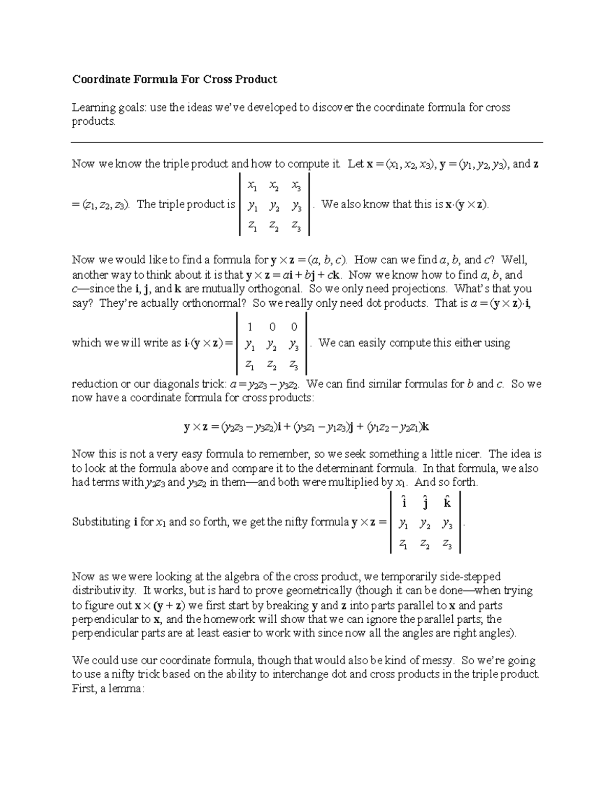 Notes 13-Cross Product Formula - Coordinate Formula For Cross Product ...