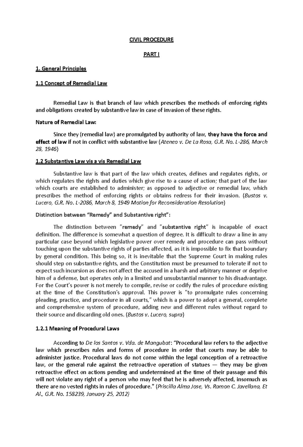 PALS Civil Procedure - SASASASA - CIVIL PROCEDURE PART I 1. General ...