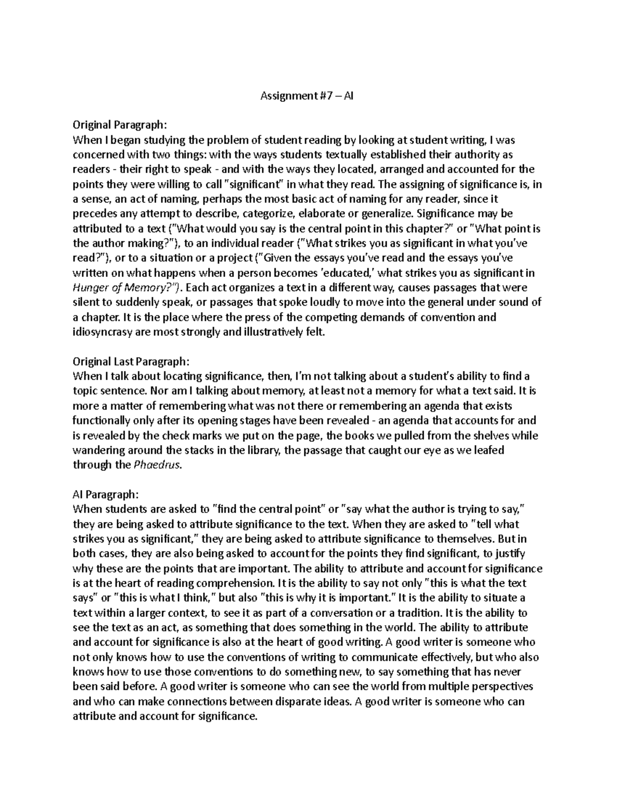 English 101 - Assignment #7 - Assignment #7 – AI Original Paragraph ...
