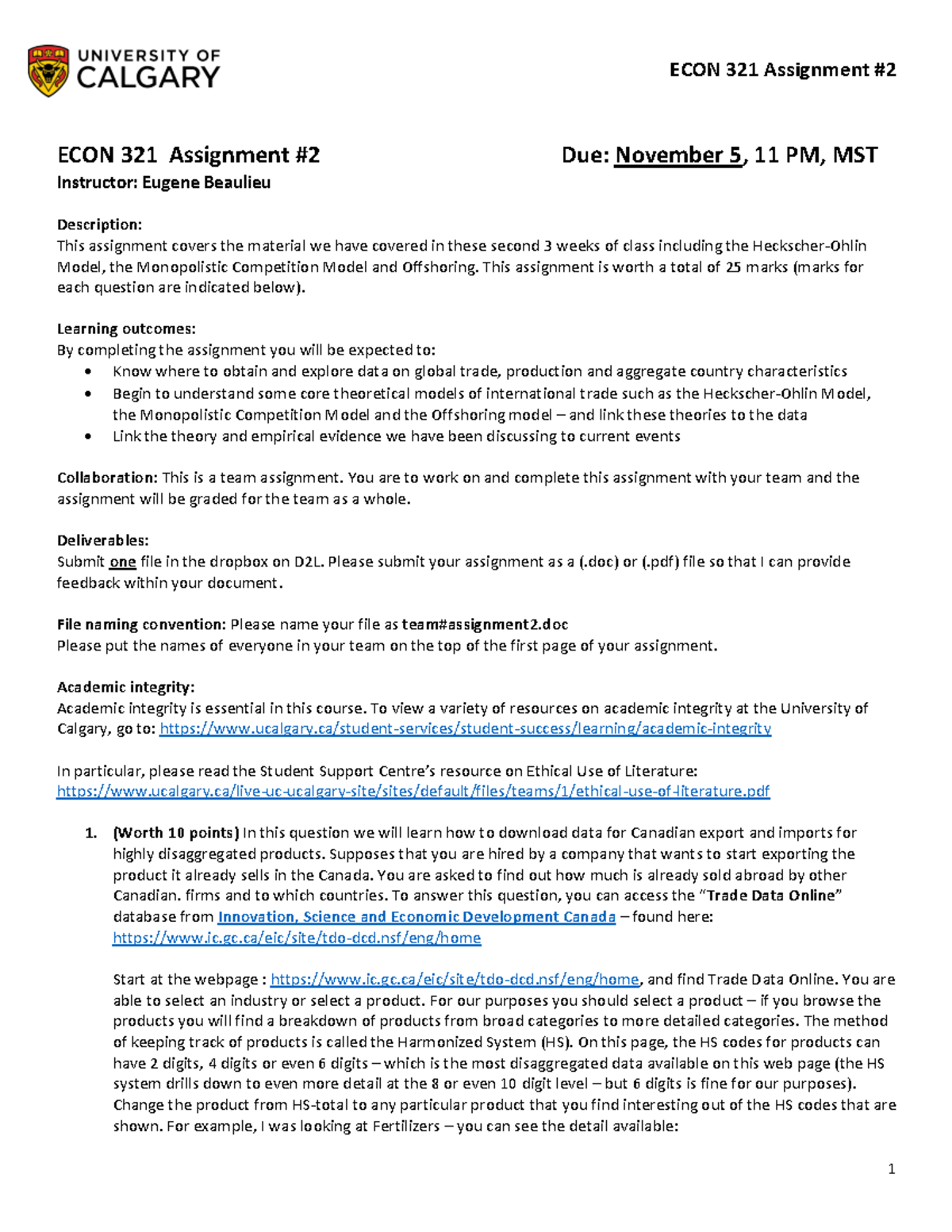 Econ 321 Assignment 2 Fall 2020 - ECON 321 Assignment 1 ECON 3 21 ...