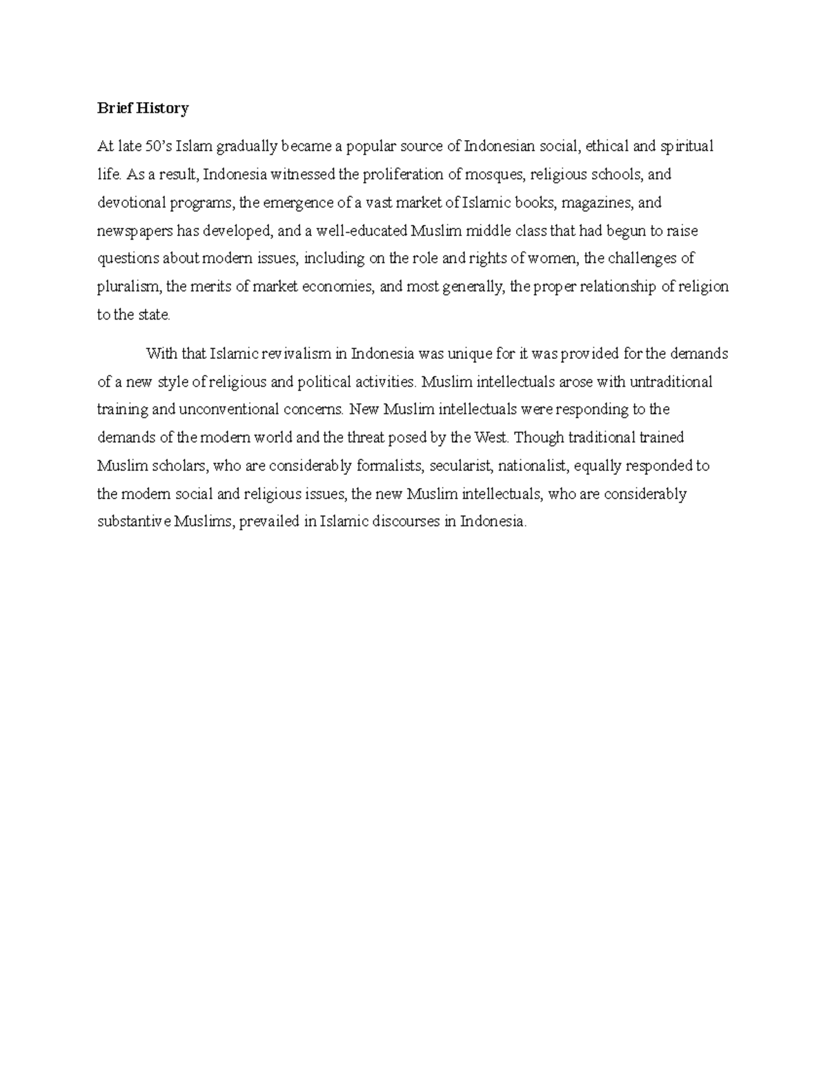 Brief History - notes - Brief History At late 50’s Islam gradually ...