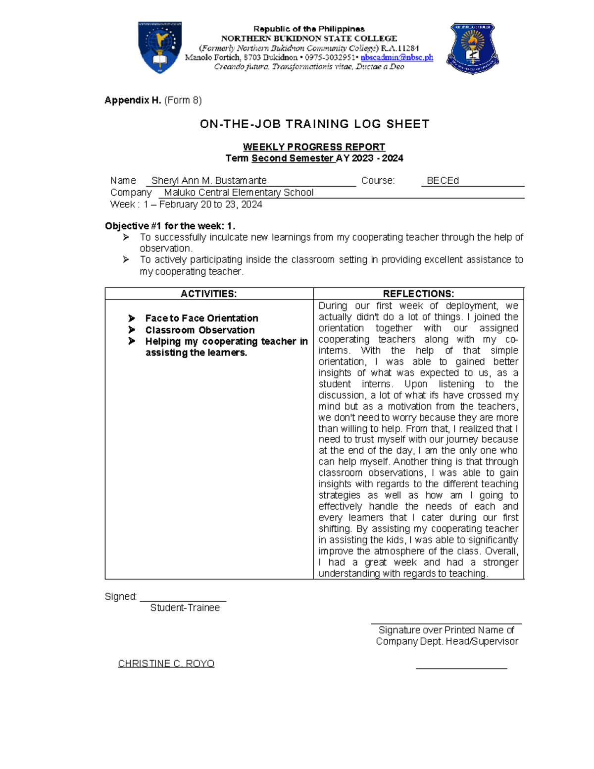 Weekly-progress-report - Appendix H. (Form 8) ON-THE-JOB TRAINING LOG ...