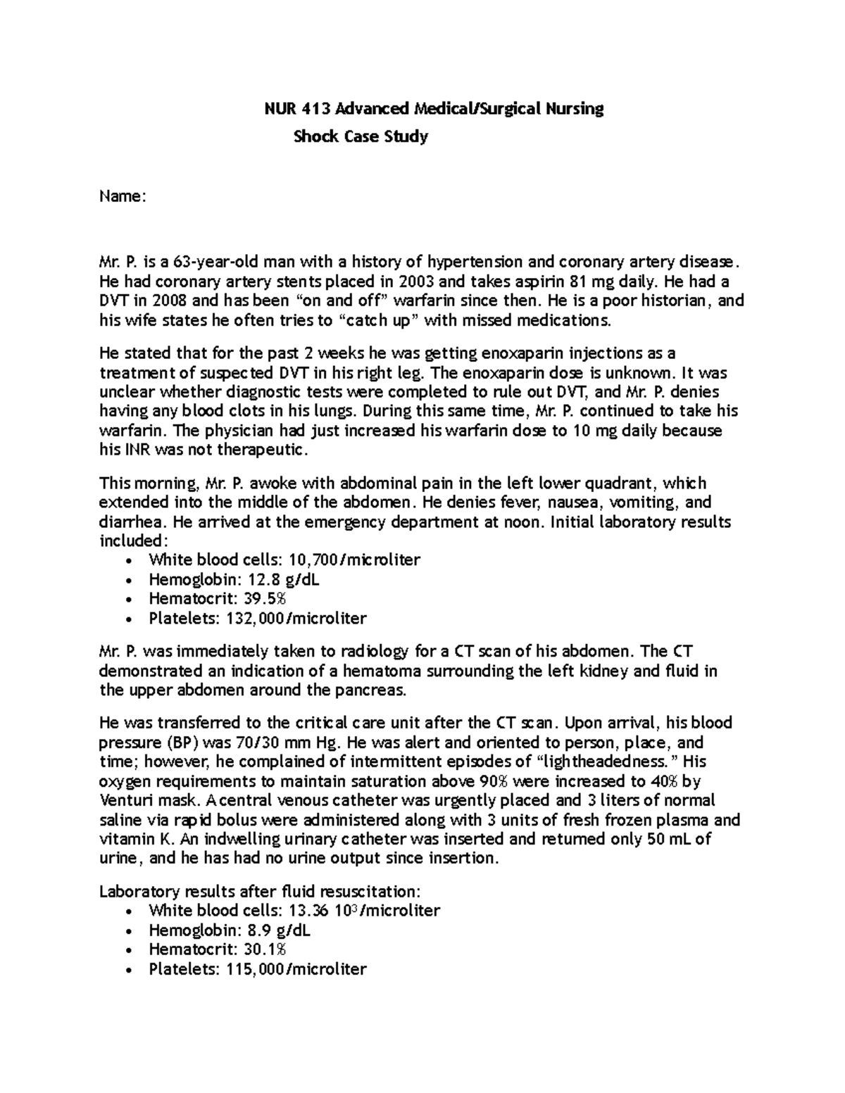 Shock case study - in-class/ONLINE case NUR 413 Advanced Medical ...