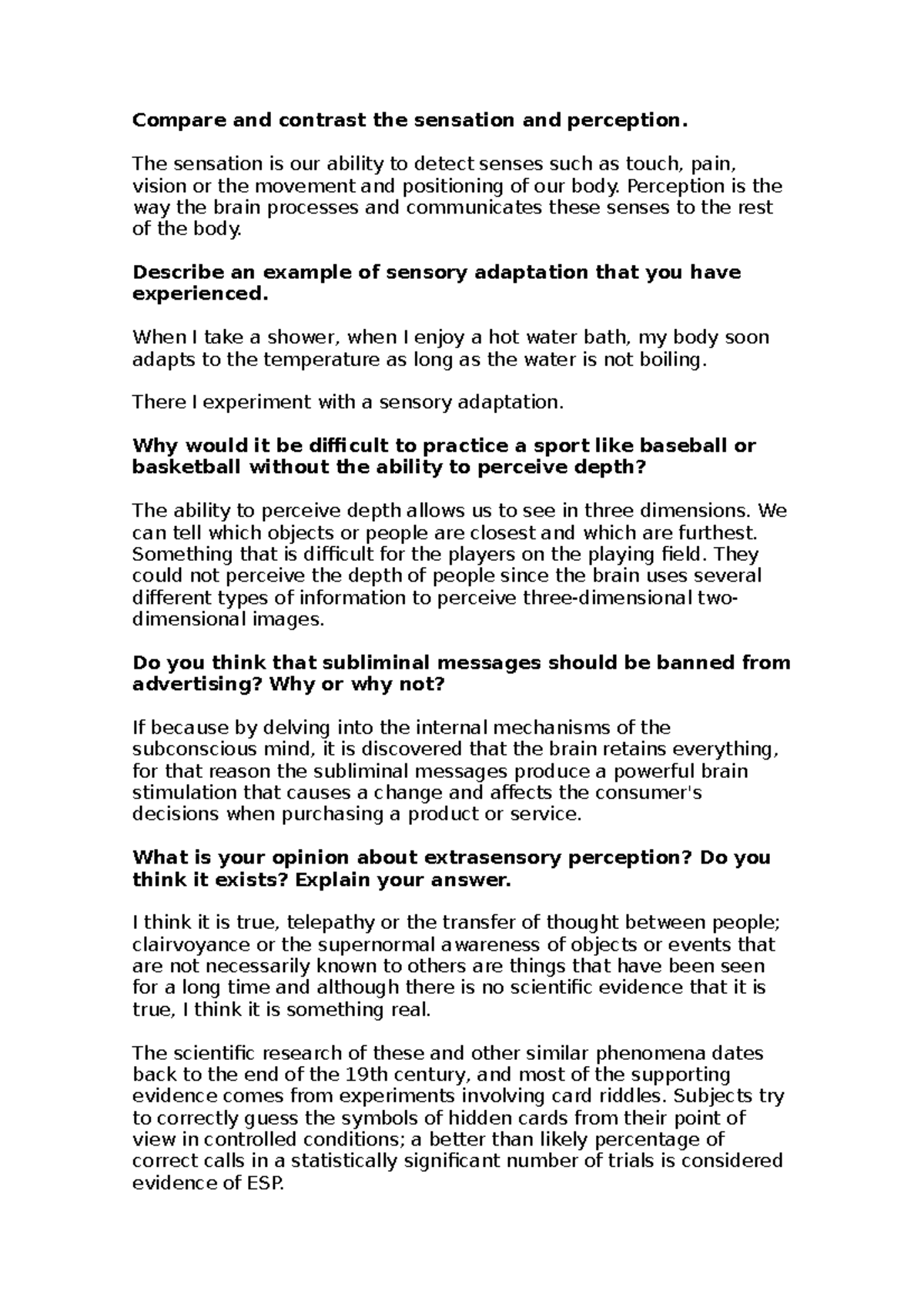 Questions Unit 7 - Compare and contrast the sensation and perception ...