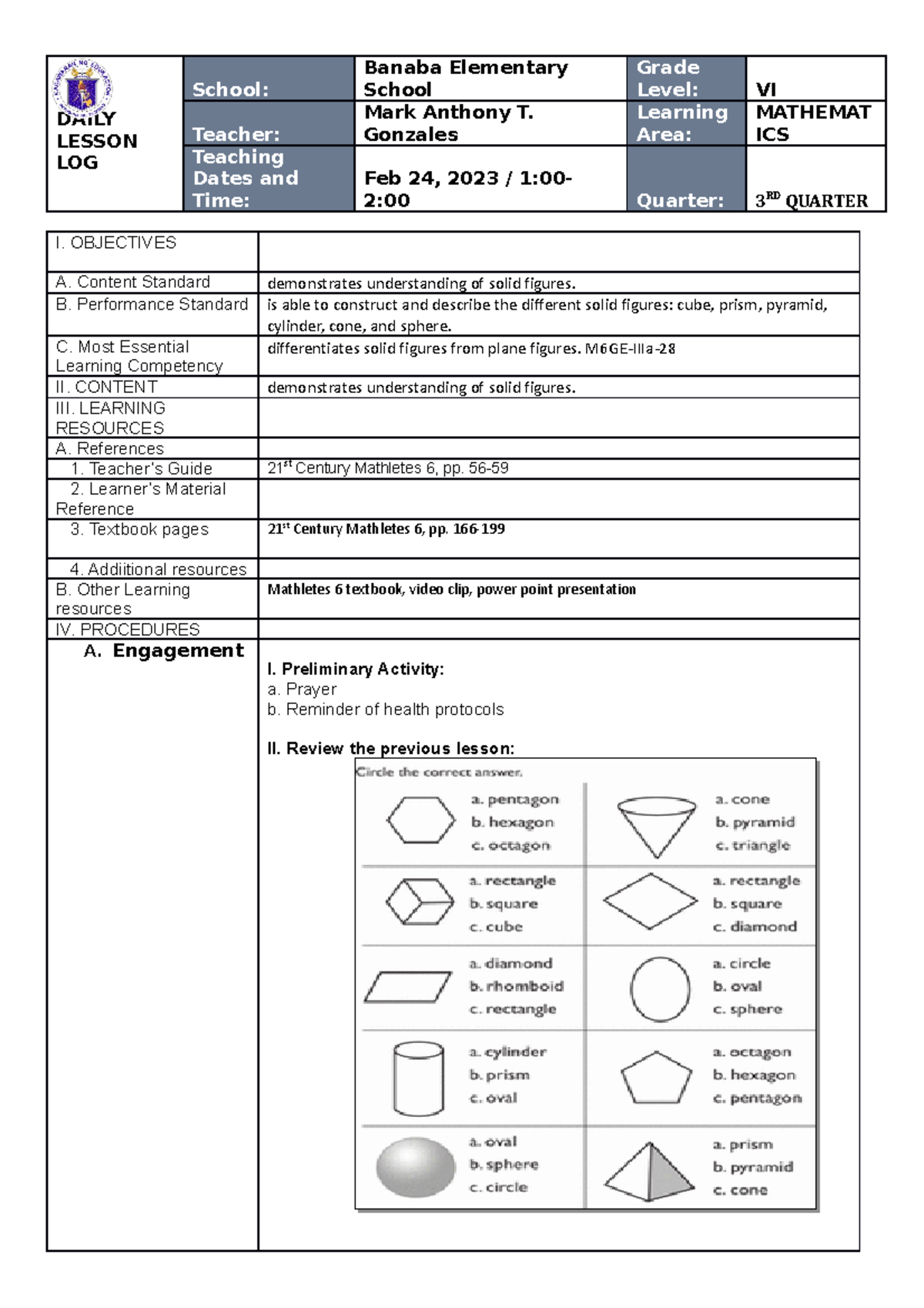 COT 1 IN math - LESSON PLAN FOR CLASS OBERVATION - DAILY LESSON LOG School: Banaba Elementary ...