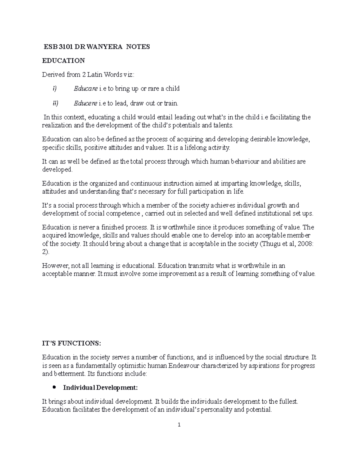 Education - Lectures notes for year 1. Semester 1 students - ESB 3101 ...