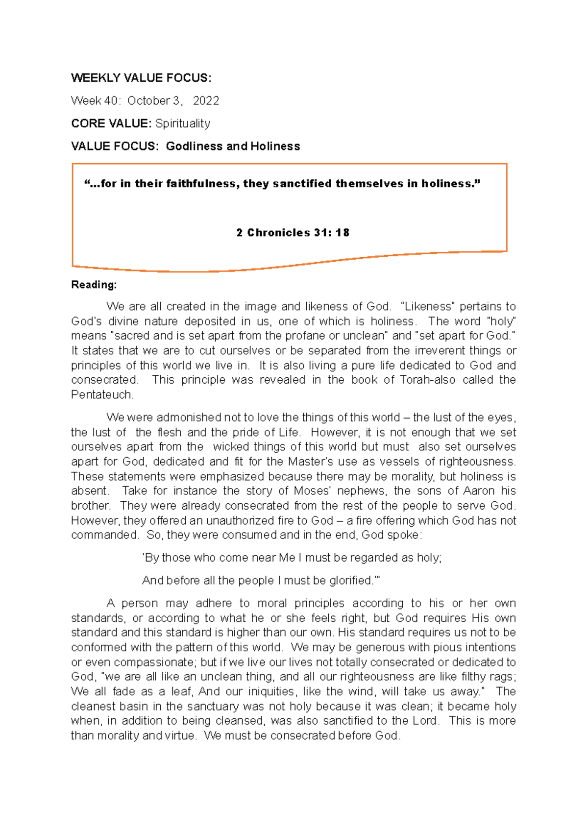 Weekly Value Focus Godliness and Holiness - WEEKLY VALUE FOCUS: Week 40: October 3, 2022 CORE ...